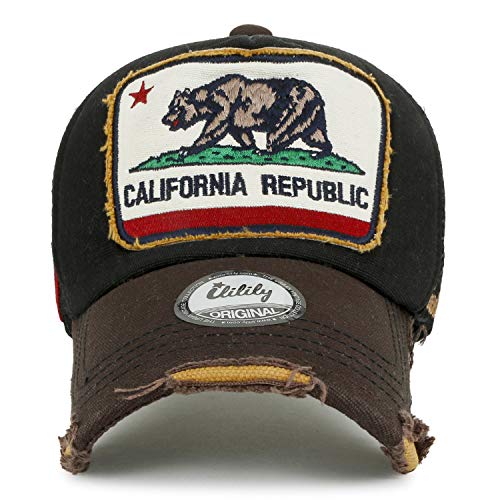 ililily Illustration Patch Distressed Cotton Baseball Cap Vintage Trucker Hat, Black Mesh
