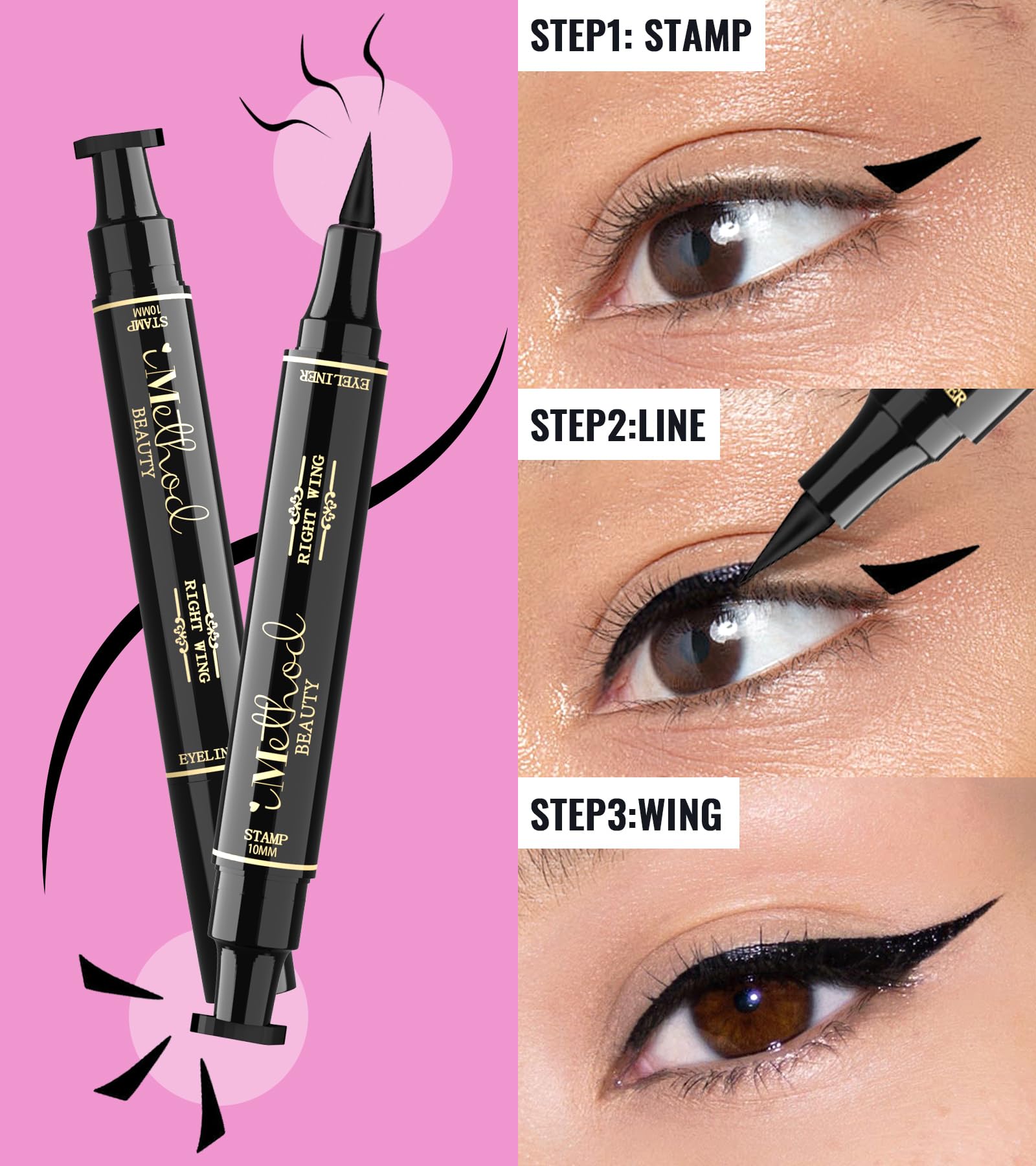 iMethod Eyeliner Stamp - 2 Pens Winged Eyeliner Stamp, for All Eye Shapes, Winged Eyeliner Stamp, Perfect Wing Cat Eye Liner, Waterproof & Smudge-proof, 10 mm