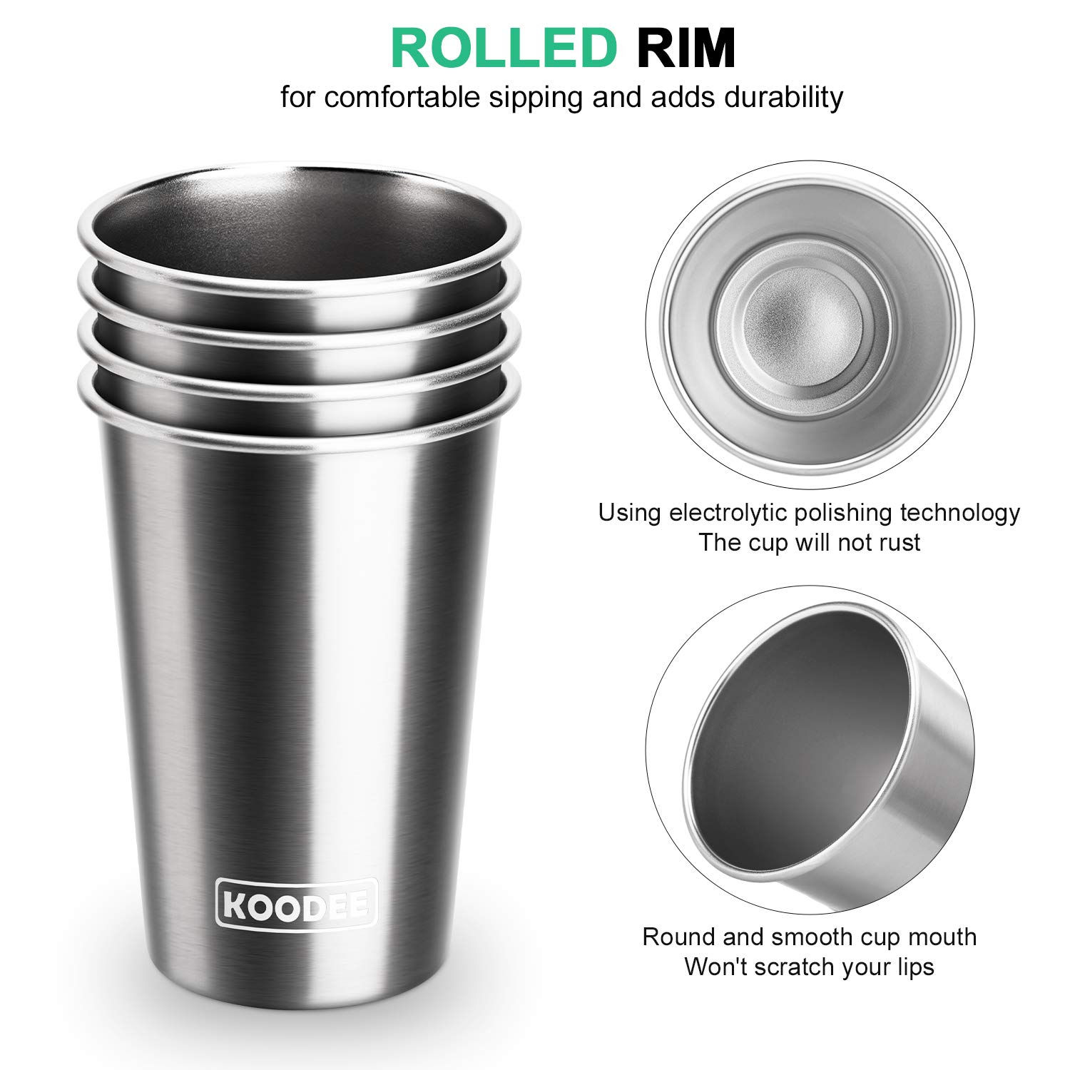 koodee Stainless Steel Cups(4 Pack) 16 oz Pint Tumbler Stackable Metal Drinking Glasses for Camping, Outdoors（Sky Blue-Baby Blue-Pink-Teal）