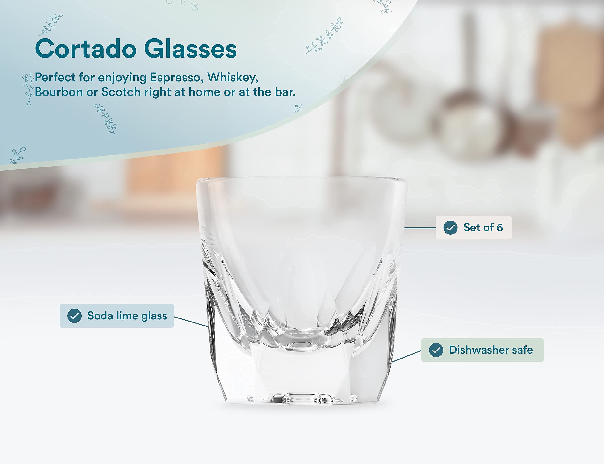 KooK Cortado Glass Set, Double Shot Glasses, For Drinking Espresso, Whiskey Bourbon, Scotch, and juices. Small Liquor Cups, Clear Glassware, Dishwasher Safe, 4 oz, Set of 6