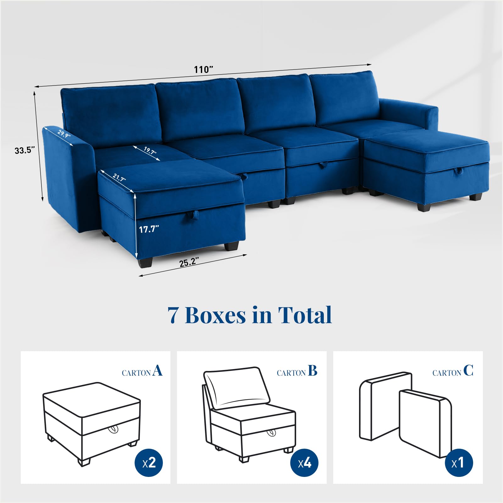 ohllob 110" Modular Sectional Sofa with Storage, 6 Seat Convertible Couches for Living Room, Velvet U Shaped Sofa Bed Couch, Blue