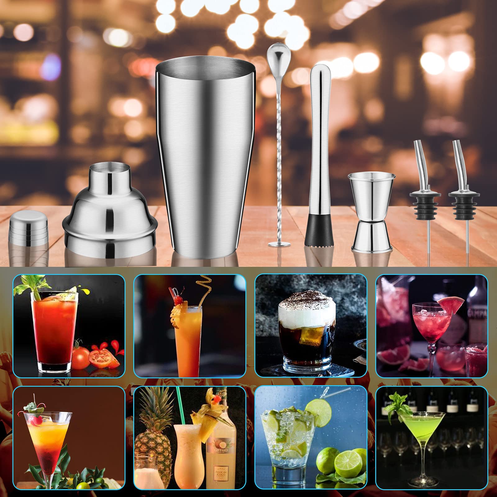 Martini Shaker 24 oz Cocktail Shaker Drink Bar Set by Hovikoki, Stainless Steel Professional Bartender Kit with Built-in Strainer Mixing Spoon&Jigger 2 Liquor Pourers Muddler and Manual Recipe