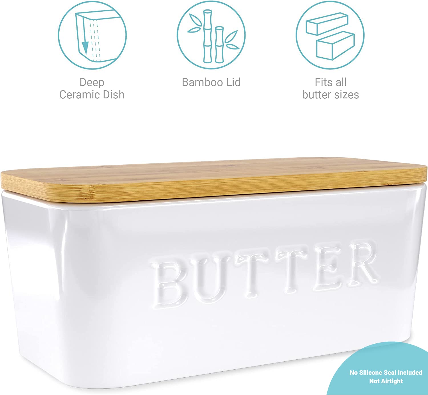 Large Butter Dish with Lid for Countertop, Ceramic Butter Dishes with Lid, White Butter Keeper with a Loose Lid [No Silicone Seal], Butter Container for Refrigerator