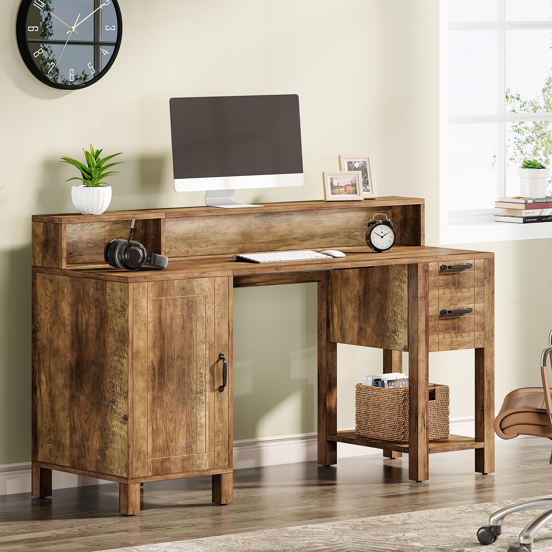 Tribesigns 55" Wood Executive Desk, Farmhouse Computer Desk with Drawers and Cabinet, Rustic Office Desk with Hutch and Storage Shelves, Large Study Writing Table for Home Office, Brown