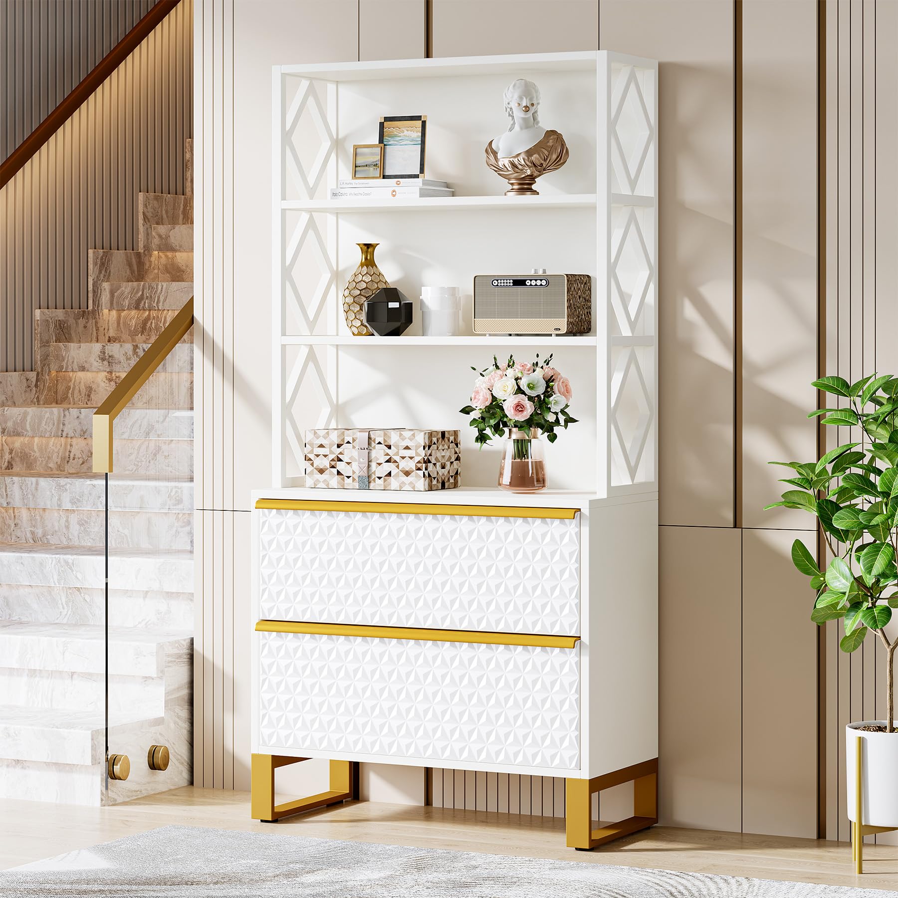 Tribesigns 4-Tier Bookshelf with 2 Drawers, 71" Tall White and Gold Bookshelf with Open Shelves & Drawer, Modern Bookcase Display Book Shelf Organizer for Bedroom, Living Room, Home Office