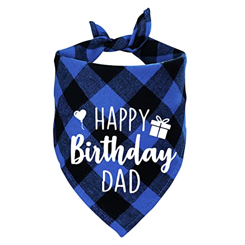 Ptzizi Funny Blue Plaid Happy Birthday Dad Dog Printed Triangle Bandana, Small Medium Large Boy Pet Dog Birthday Party Scarf Bib Accessories for Pet Dog Lovers Gift