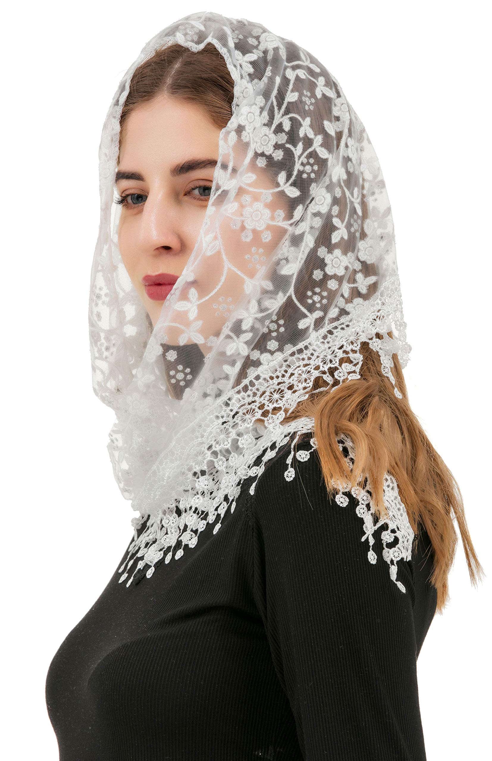 PAMOR Triangle Lace Veil Mantilla Cathedral Head Covering Chapel Veil for Mass Wedding Bridesmaids (White)