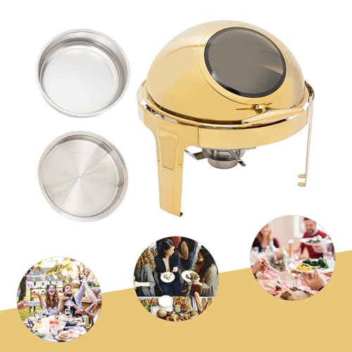 Round Chafing Dish Buffet Set, 6.4QT Stainless Steel Chafer for Catering Buffet Warmers Sets with Clear Lid, High Grade Gold Food Warmers for Parties, Wedding, banquets