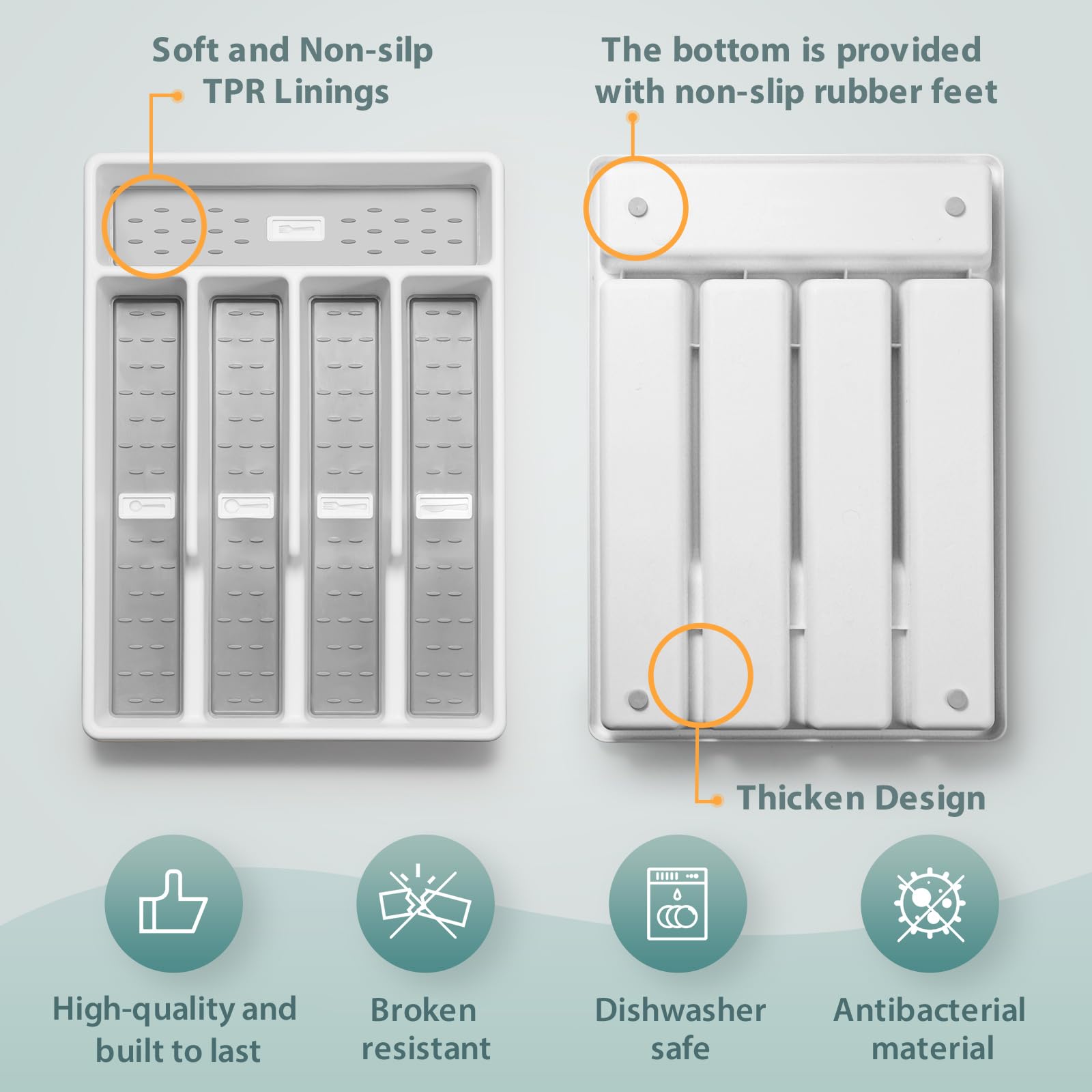 Joequality Silverware Organizer with Icons,Plastic Cutlery silverware Tray for Drawer,Utensil Flatware Tableware Organizer for Kitchen with Non-slip TPR,Fits Standard Drawer,5-Compartment,Grey