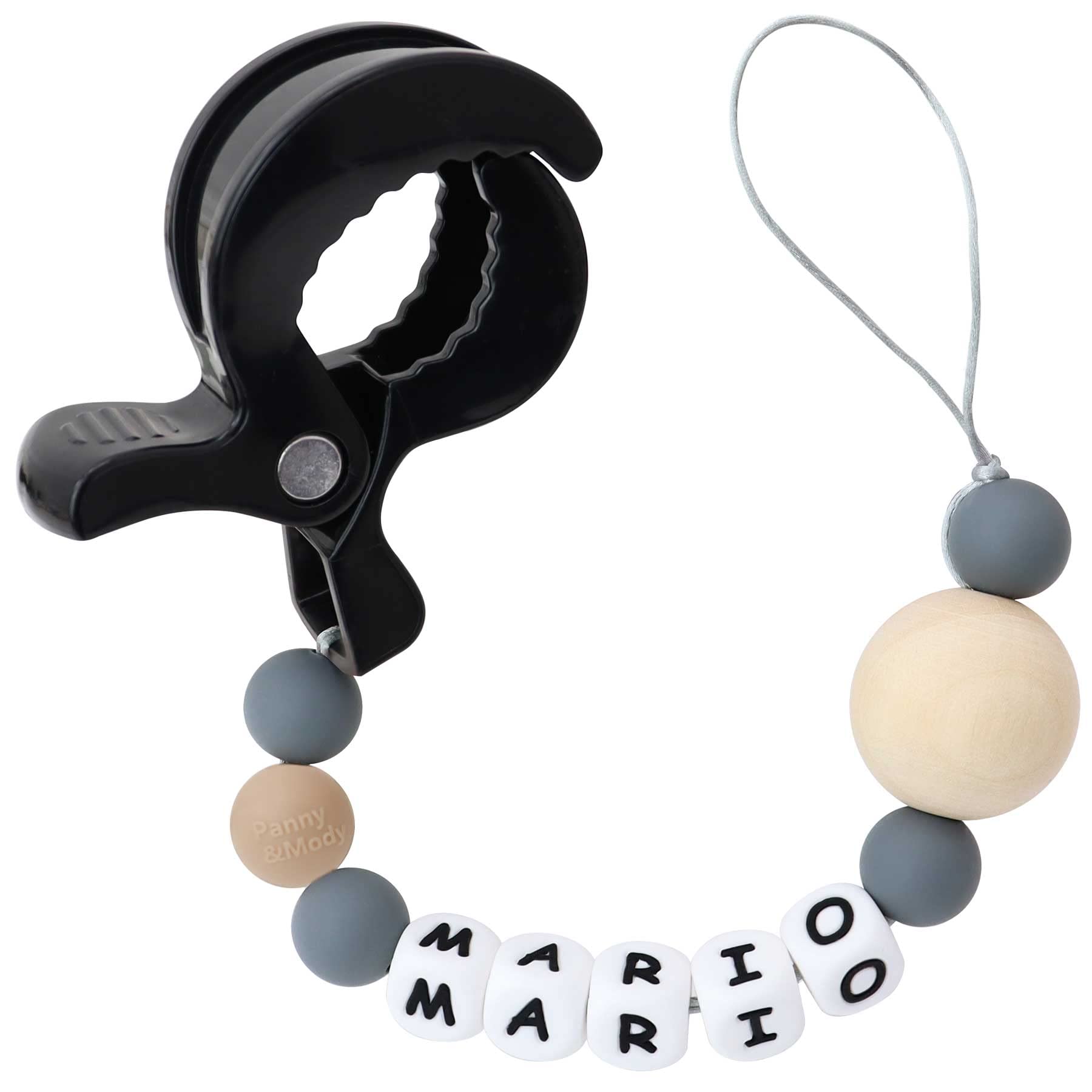 Personalized Stroller Clip with Name, Customizable Stroller Clip, Silicone Safety Clips, Panny & Mody Plastic Universal Clip for Strollers, Bags, Shopping Cart, Cribs, Cars(Grey)