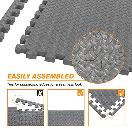 TCE AUPM002GY Interlocking Foam Mat Protective Exercise Workout Puzzle Floor Mat Tiles for Home Gym Equipment - 6 Pieces, 24 Square feet, Gray