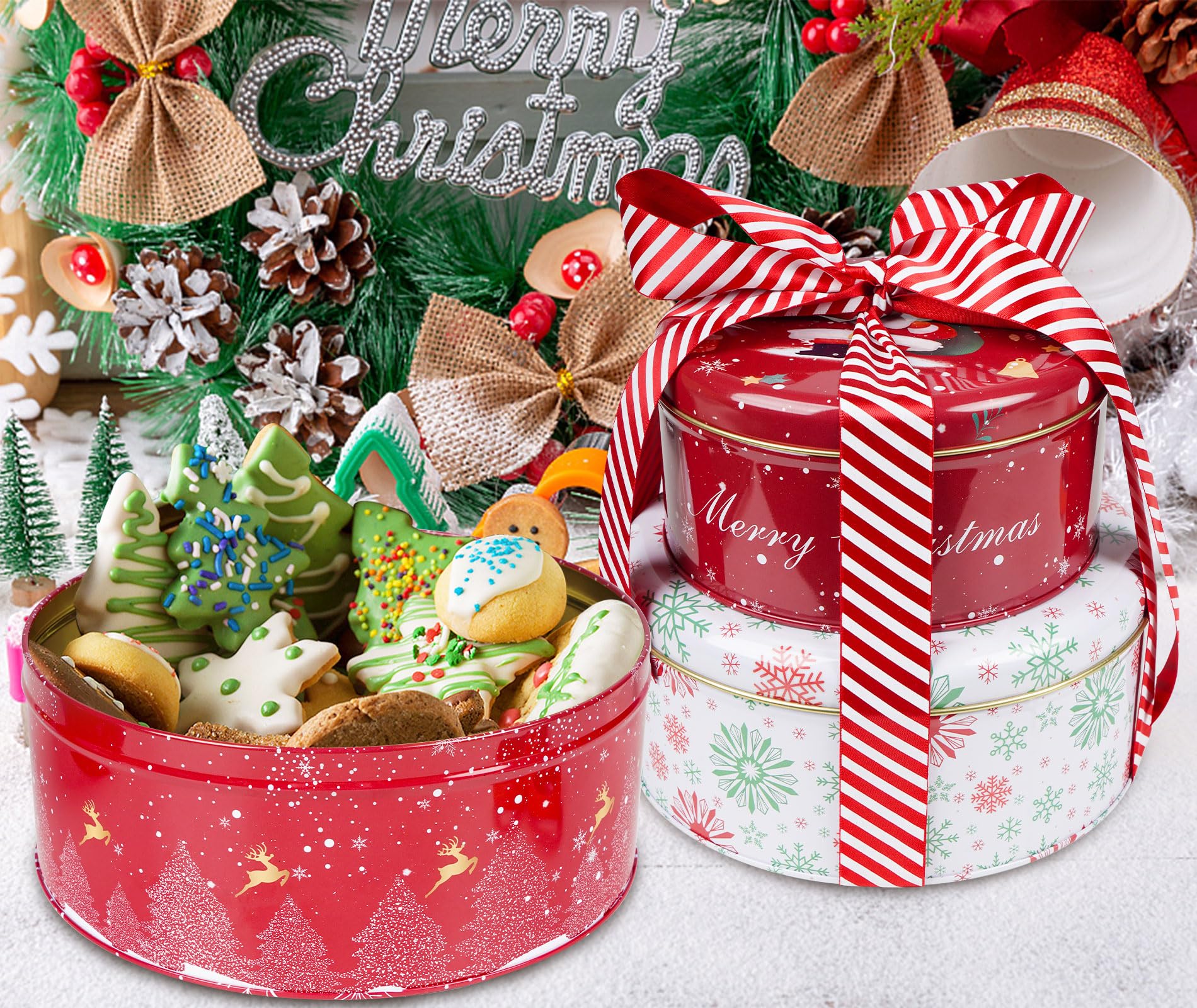 JOYCUBE Cookie Tins with Lids, 3 Pack Christmas Cookie Tins with 16.5ft Gift Ribbon, Festive Cookie Cake Containers Tins for Gift Giving & Holiday Treats, Round Metal Nesting Containers