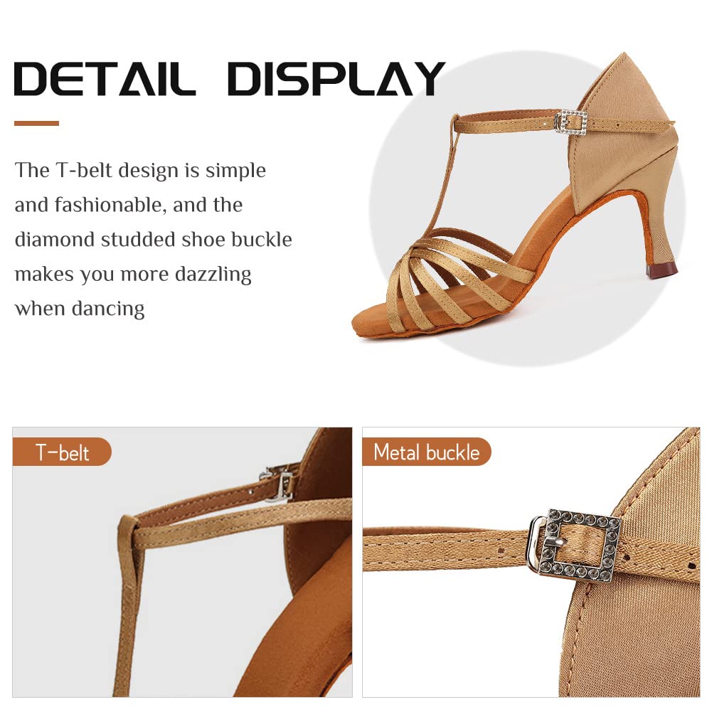 JUODVMP Women Latin Dance Shoes Beige Satin Ballroom Performance Salsa Tango Practice Dance Shoes 3inch High Heel Model WX217,7.5 US