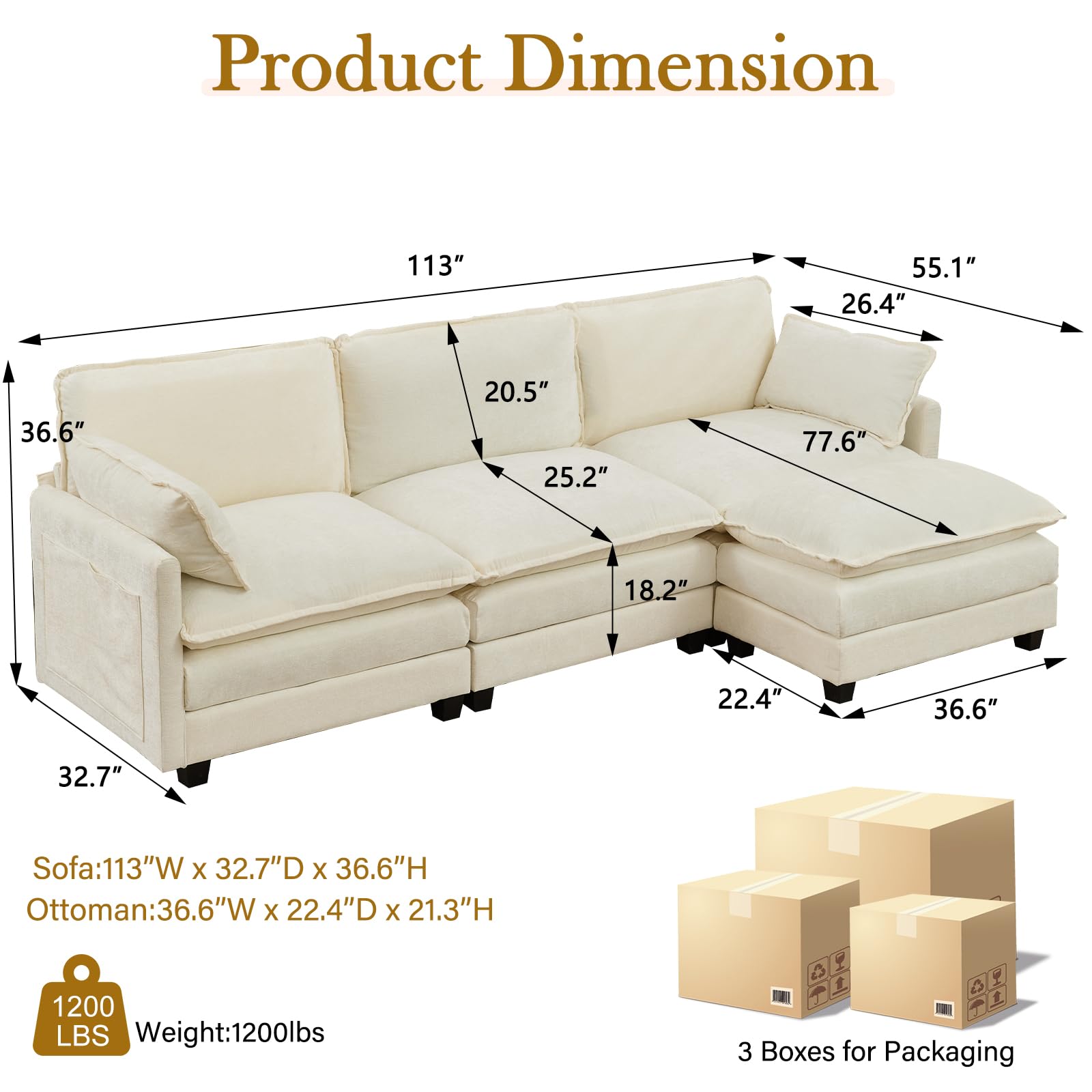 Sectional Couches for Living Room | Comfy Cloud Couch Modern Chenille L-Shaped 115โ Cream Modular Sectional Sofa with Moveable Ottoman & Pillows | Extra Deep Seat Sofa (White Couch, 3-Seat Upgrade)