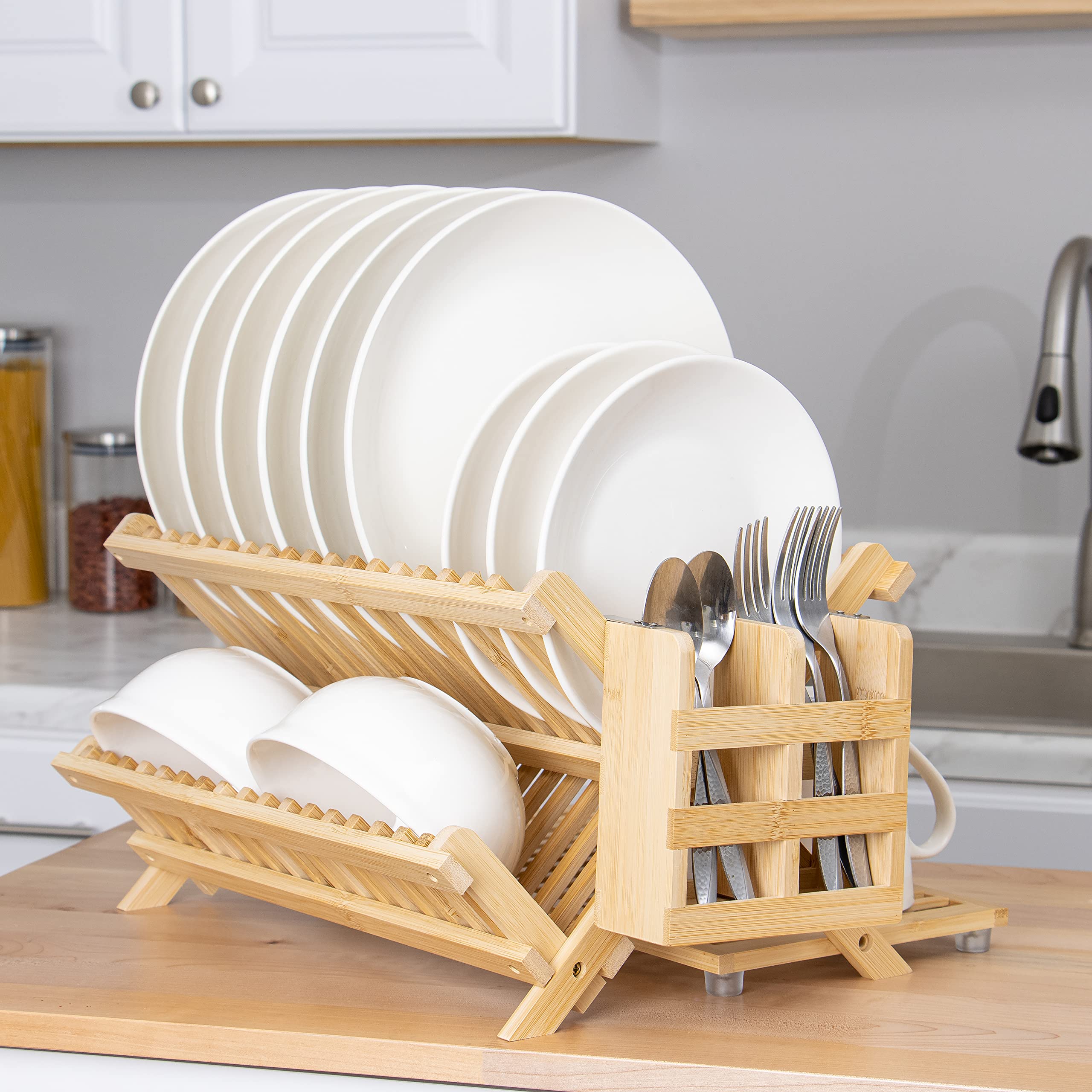 JOEY'Z Bamboo Dish Rack, Collapsible Dish Drying Rack for Kitchen Counter 3 Tier Kitchen Drying Rack (Dishrack with Utensil Holder)