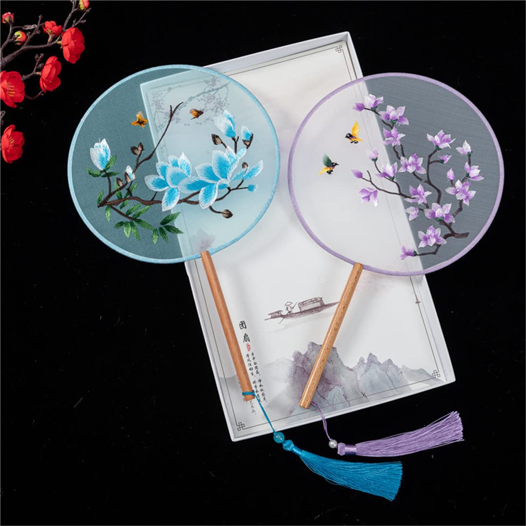 Lmtossey Vintage Round Fan Long Handle Tassel Dancing Hanfu Circular Fan Ancient Chinese Style Classical Printed Court Round Fan Wedding