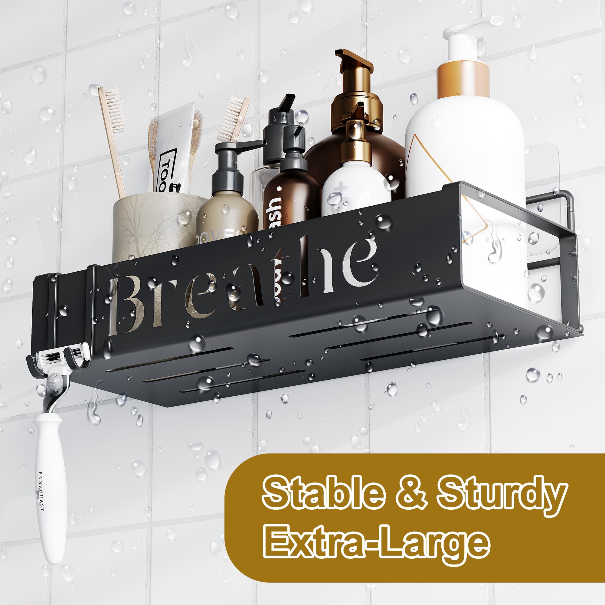 Thideewiz Shower Caddy,Adhesive Shower Shelf with 4 Hooks,No Drill Bathroom Organizer,Hold up to 11 Lbs for Bathroom Organization and Storage - 2 Pack,Black (Breath Soak)