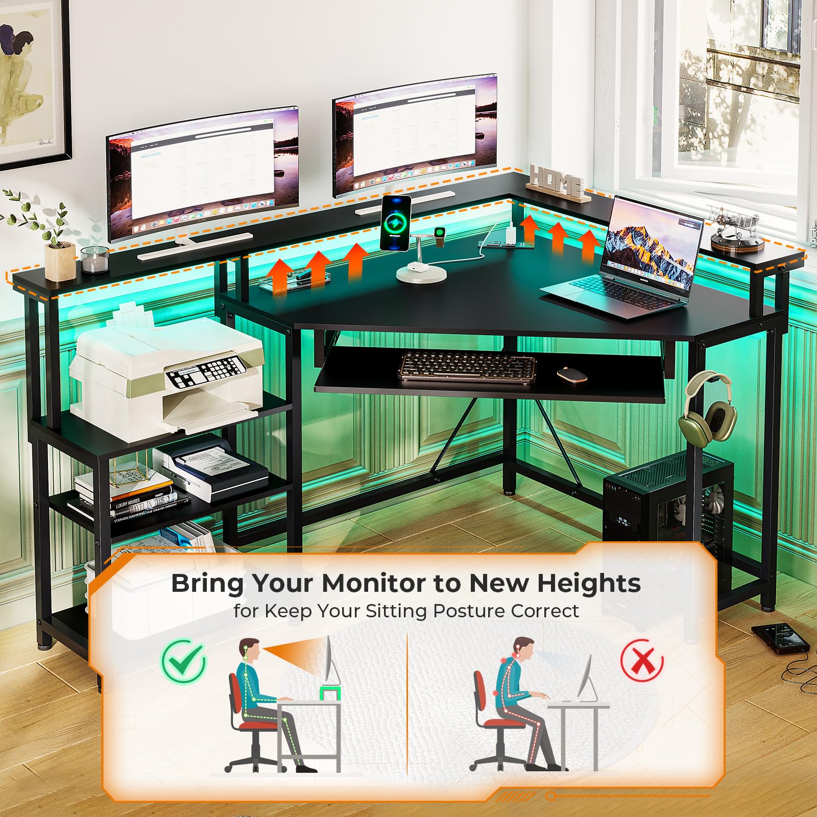 SEDETA Corner Desk, Small Computer Desk with Power Outlets, Gaming Desk with LED Lights, Home Office Desk with Storage for Small Space, Rustic Brown