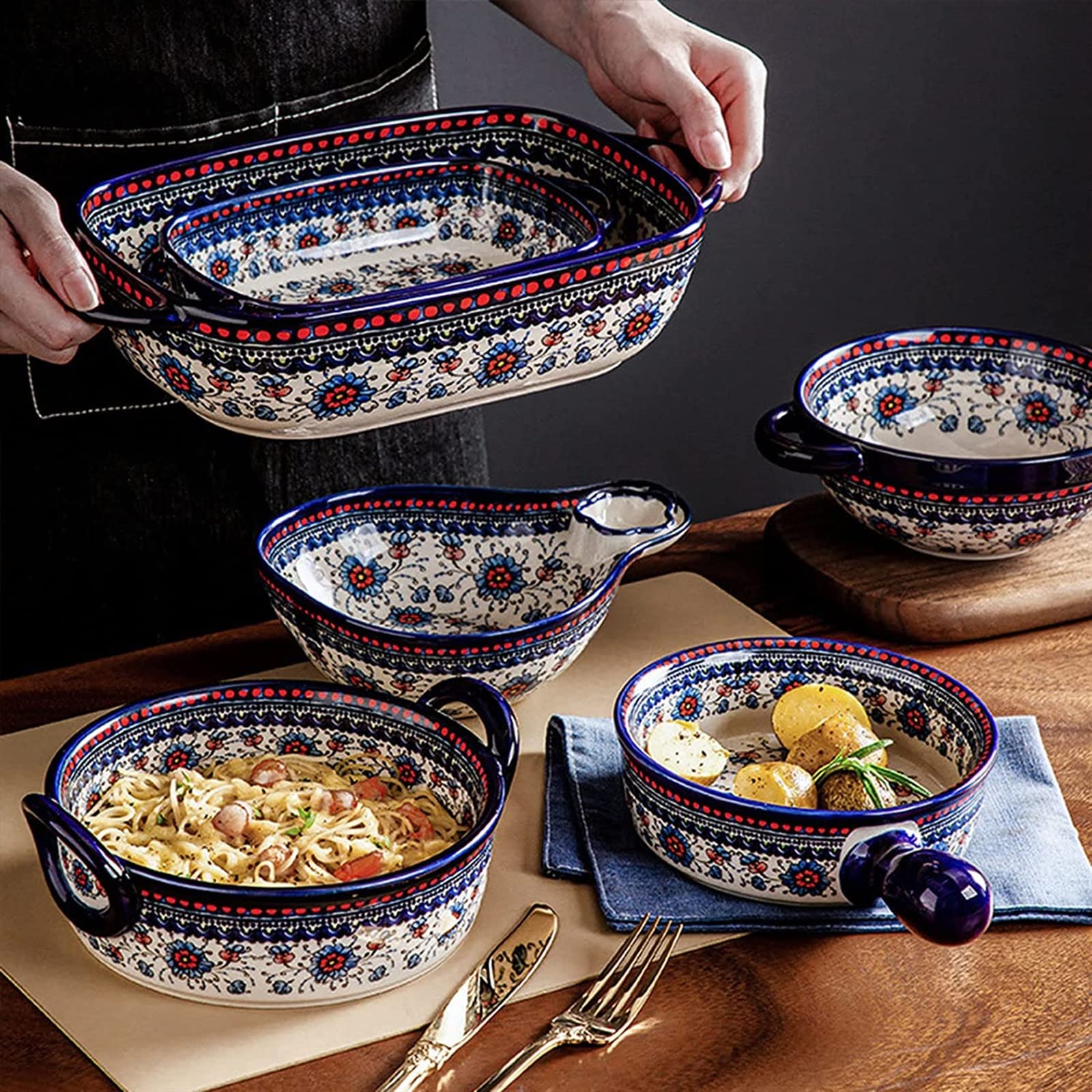 Large Serving Soup Bowl with Handles, Stackable Bowls for Soup, Cereal, Oatmeal, French Onion Soup Oven Microwave Dishwasher Safe (Color : Plum bossom)