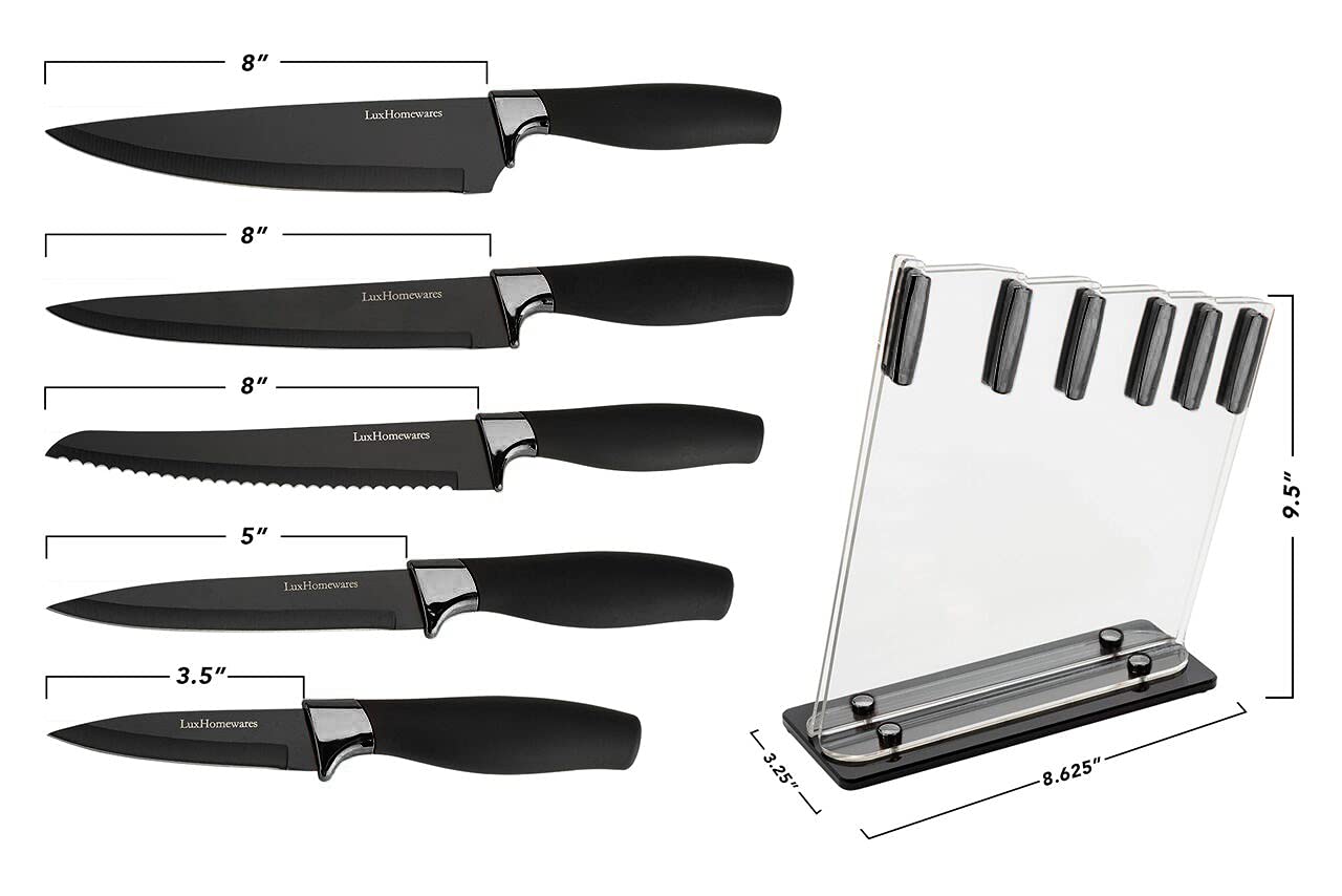 Luxhomewares 6 Piece Knife Set | 5 Beautiful Black Titanium Knives with Block Sharp Kitchen Sets Multiple Size, All Purpose 8 inch Chef, Bread, & Carving Utility Paring