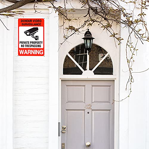 Olodeer 4 Pack Private Property No Trespassing Warning Sign,10x7 Inches 0.4 Aluminum Anti-Rust, 24 Hours Video Surveillance Warning Signs Outdoor Use