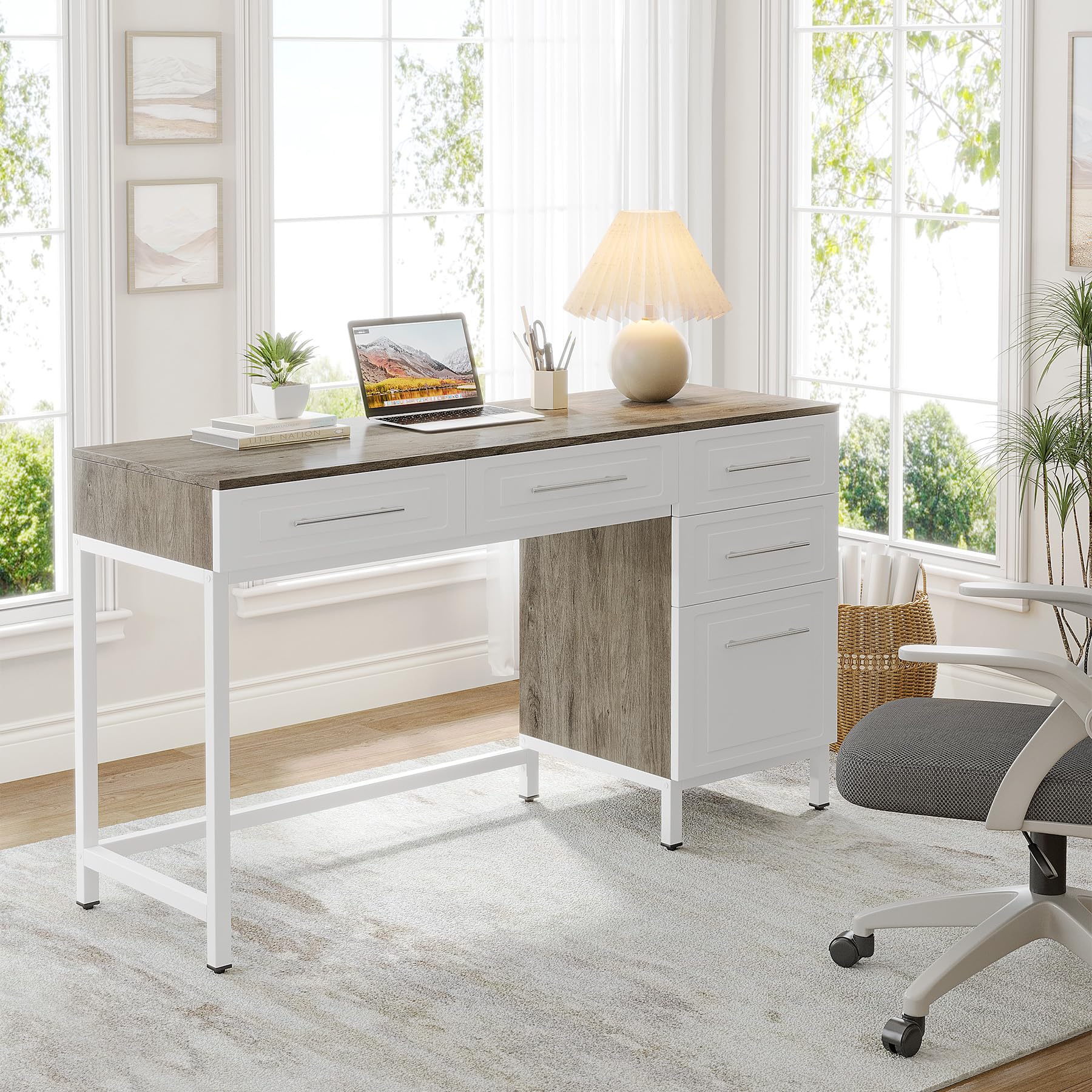 Tribesigns Computer Desk with 5 Drawers, 55-Inch Reversible Home Office Desk with File Drawer Cabinet, Modern PC Desk with Storage, Study Writing Table Workstation for Small Spaces, White and Gray