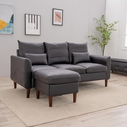 Panana Convertible Sectional Sofa Couch, 2 and 3 Seat L Shaped Sofa with Armrest Small Couch Ottoman for Living Room, Apartment and Office (Track Arms, 3 Seats with Ottoman)