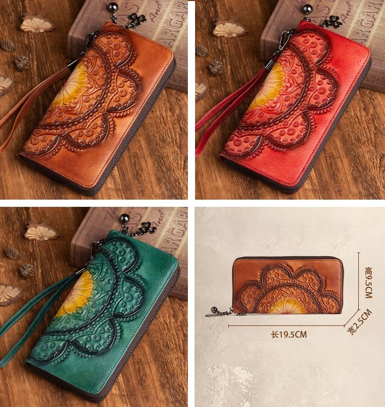 LMKIDS Retro Genuine Leather Wallets for Women Embossed Women's Purse Ladies Clutch Purse with Tassel (Style 8)