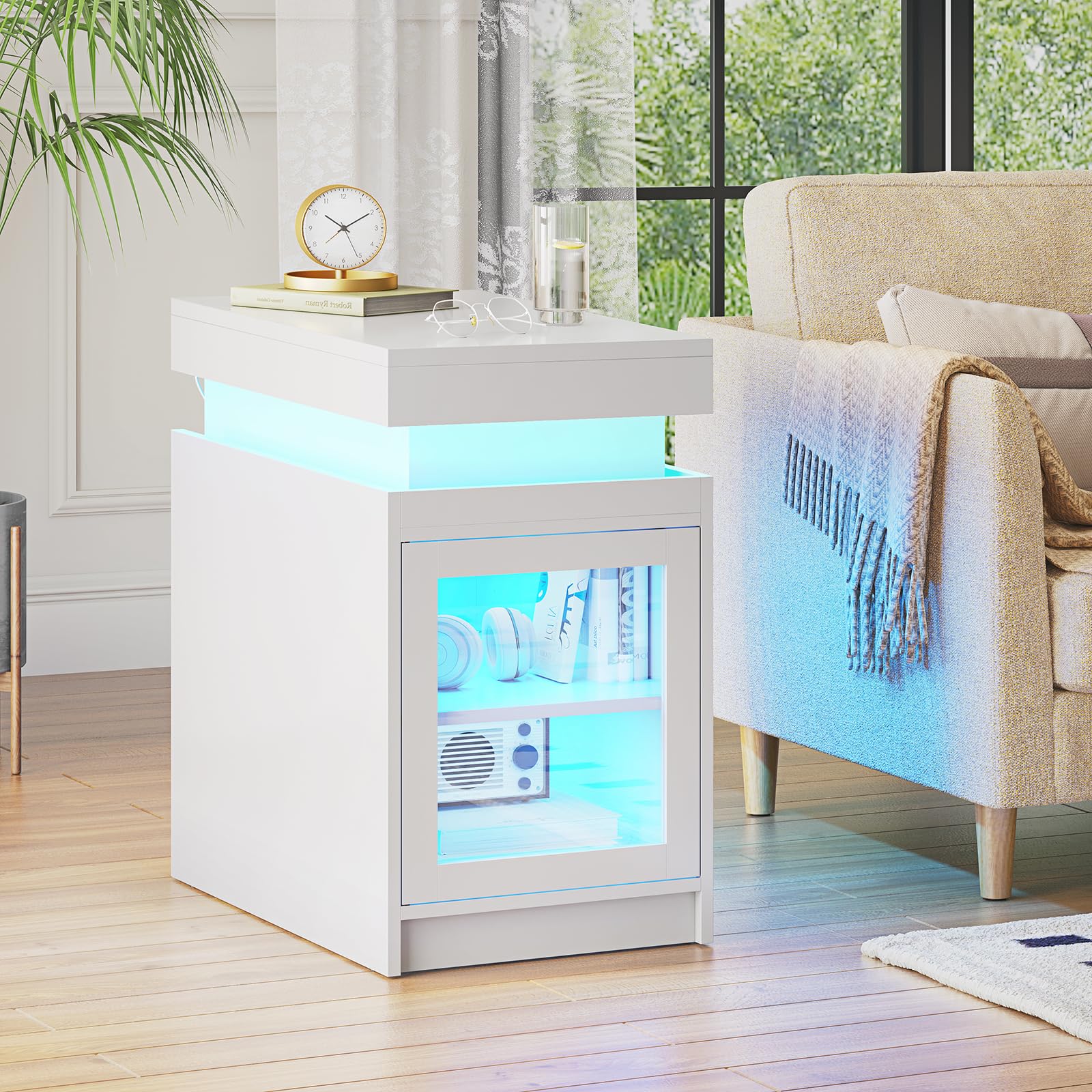 SEDETA End Table with Charging Station, Narrow Side Table with Sliding Top Storage for Small Spaces, Nightstand with Storage Shelves and LED Lights for Bedroom, Bedside Table for Living Room, White