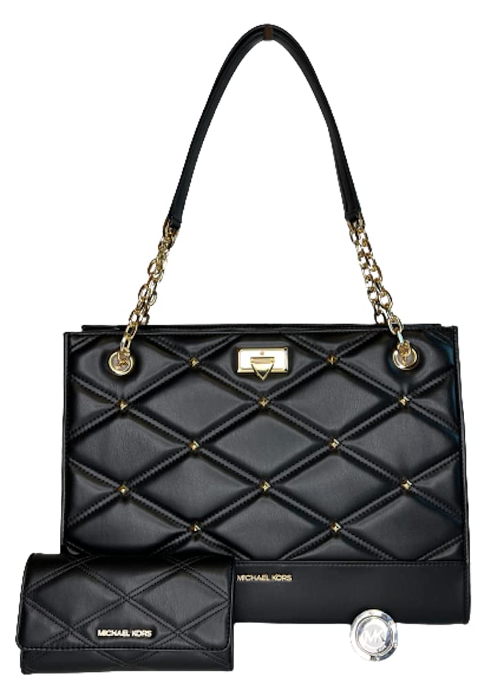 Michael Kors Serena LG EW Chain Shoulder Tote bundled with Trifold Wallet and Purse Hook (Black)