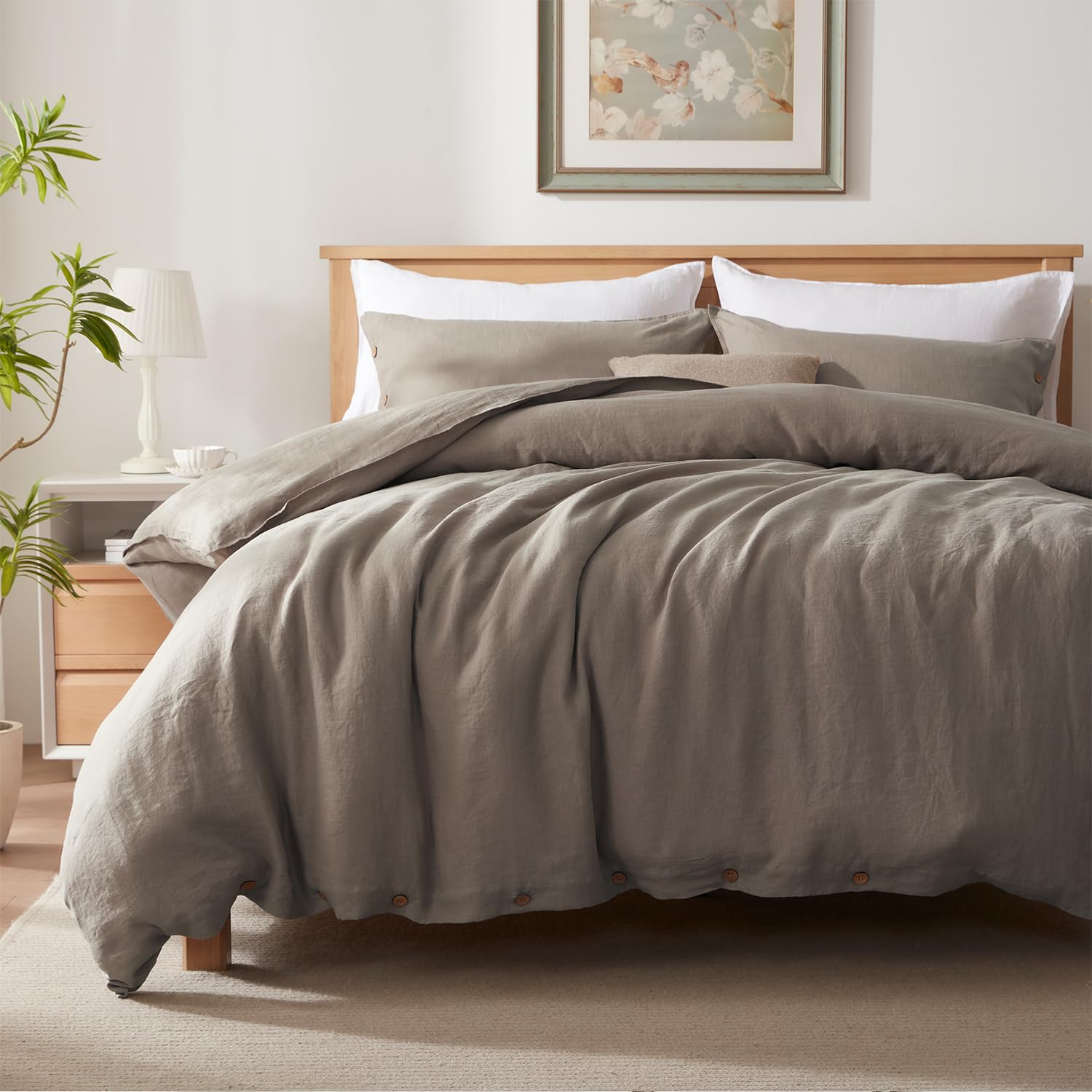 TOSMO 100% Linen Duvet Cover Set with Button Closure, 3 Pieces (1 Duvet Cover with 2 Pillowcases), Soft Breathable Durable Farmhouse Bedding - King, Taupe