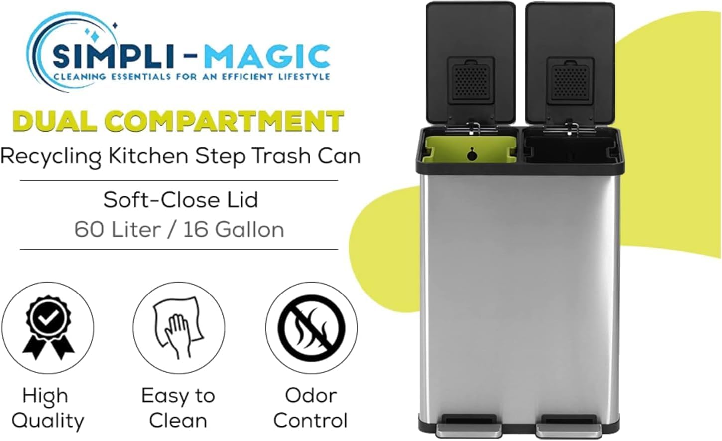 SIMPLI-MAGIC 60 Liter / 16 Gallon Rectangular Hands-Free Dual Compartment Recycling Kitchen Step Trash Can with Soft-Close Lid, Brushed Stainless Steel (38L x 22L Capacity)