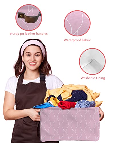 Pink Geometry Storage Bins 2 Pack, Large Waterproof Storage Baskets for Shelves Closet, Modern White Wave Abstract Aesthetics Storage Basket Foldable Storage Box Cube Storage Organizer with Handles