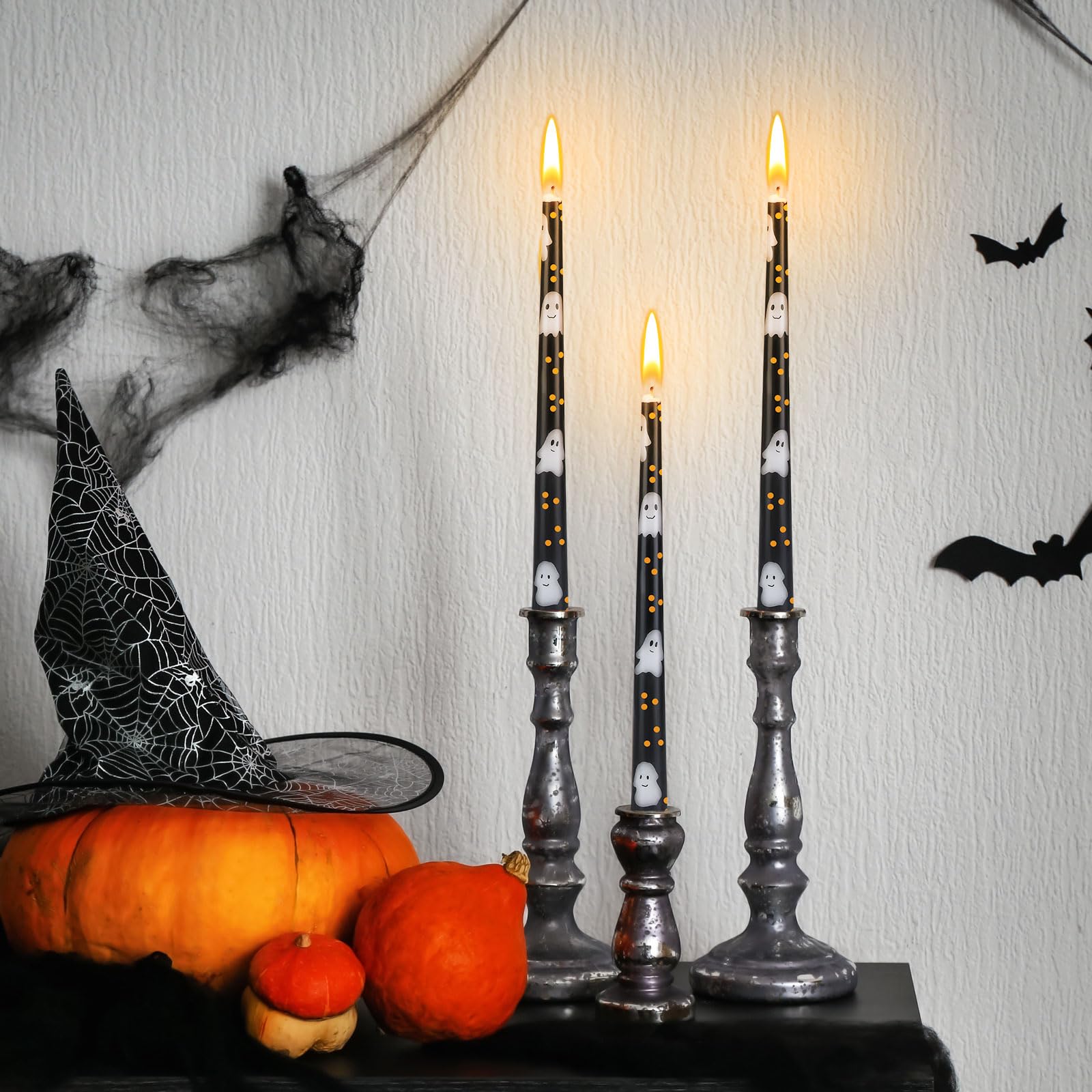 Threlaco 6 Pcs 9.8" Black Halloween Taper Candles Ghost Candles Unscented Taper Candles Ghost Halloween Decor for Halloween Dinner Table Party Gift Home Decorations