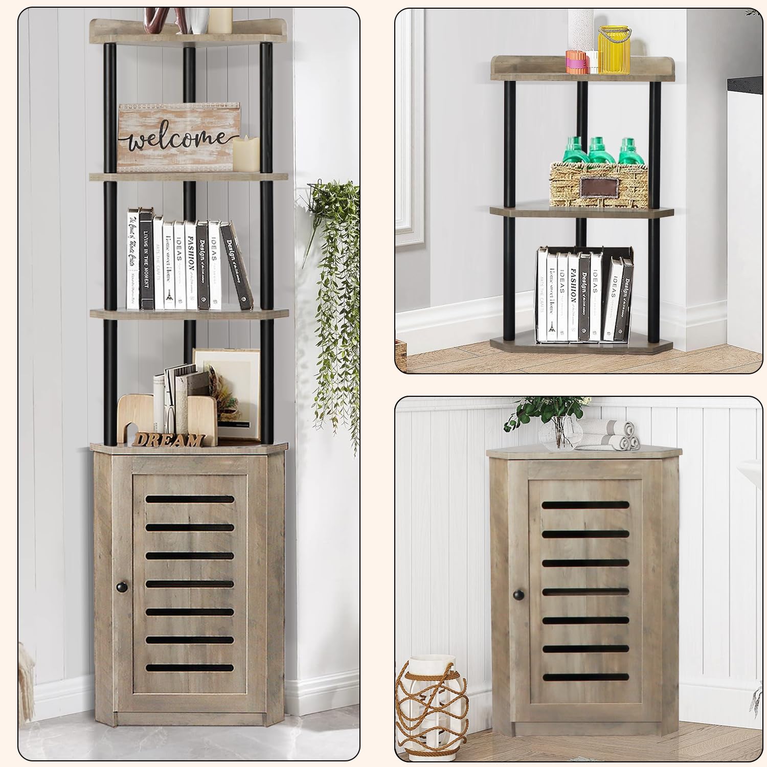 Timberer 6-Tier Corner Shelf with Storage, Corner Bookshelf, 74.2" Tall Corner Stand Display Storage Rack for Living Room, Home Office, Kitchen, Bar, Small Space, Greige and Black