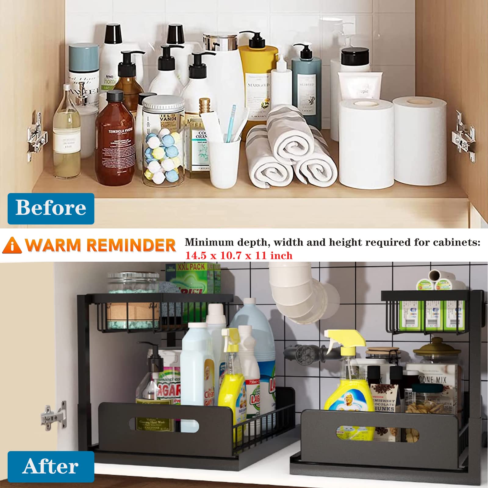 LFGKeng Under Sliding Sink Organizer, Pull Out Cabinet Drawer 2 Tier, Under Sink Shelf Organizer Rack, Under Cabinet Storage for Kitchen Spice Organizer, Bathroom Countertop Organize Baskets(Black)