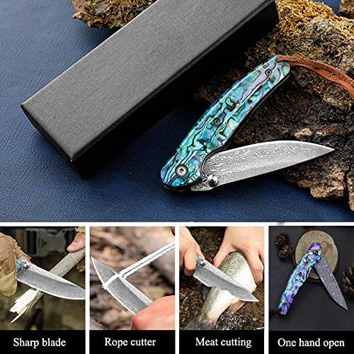 Omesio Damascus Pocket Knife Damascus Folding Knife Blue Abalone Handle Japanese Damascus Blade Pocket Knives Real Damascus Steel Folding Knife with Gift Box for Men/Dad/Father and Women