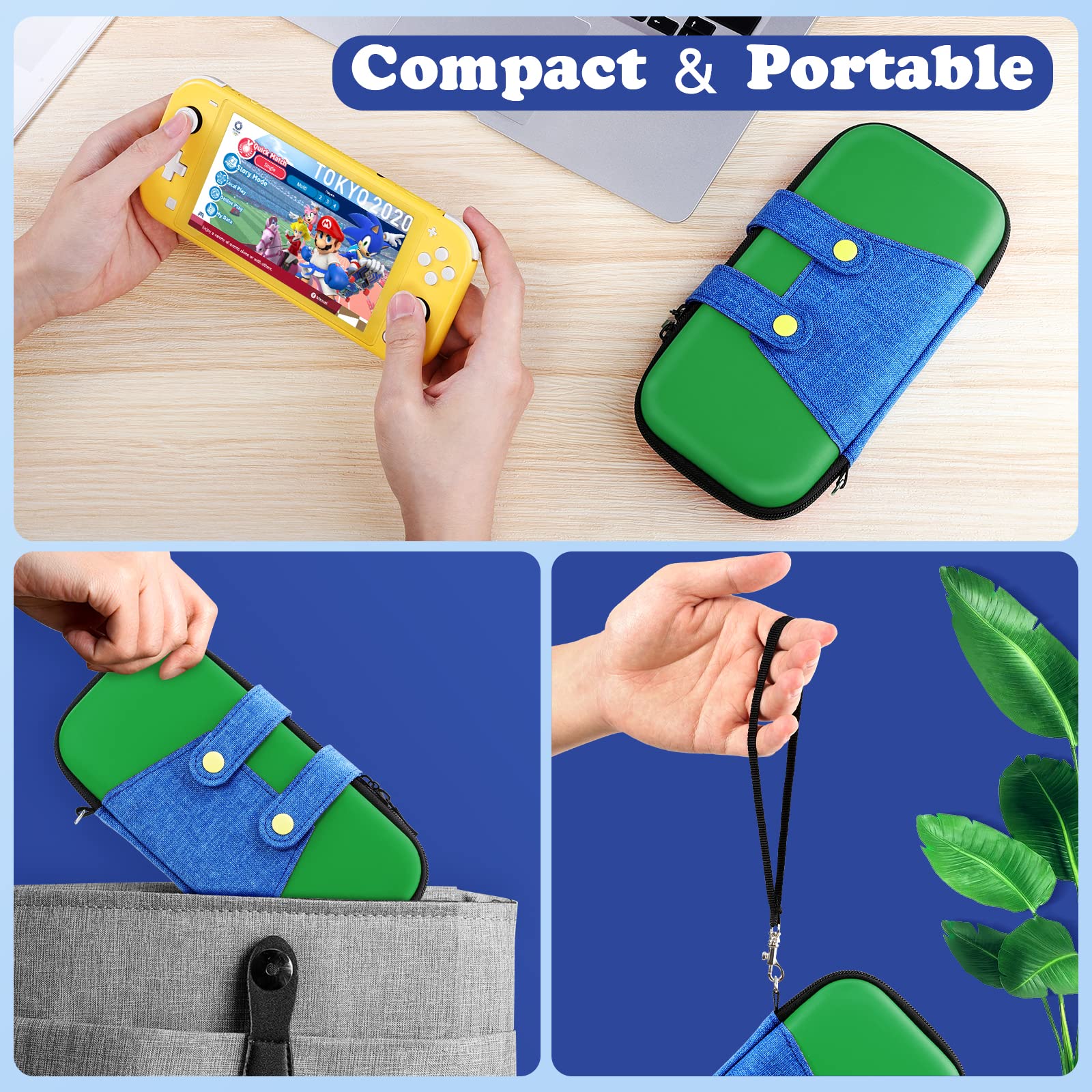 MoKo Carrying Case Compatible with Nintendo Switch Lite, Portable Protective Hard Shell Cover Travel Carrying Case Storage Bag with 10 Game Cartridge Holder & detachable Hand Strap, Luigi Green