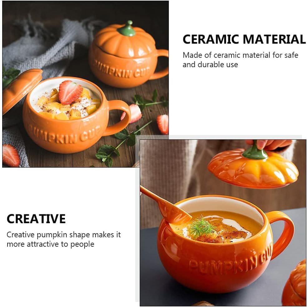 Luxshiny 2 Pcs Pumpkin Ceramic Soup Bowl Porcelain Pumpkin Shape Sugar Dessert Bowl with Lid Ceramic Dinnerware for Halloween