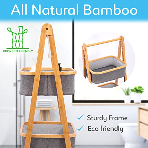 SerenelifeHome 2 Tier Fold Out Floor Standing Bathroom Storage Tower Shelf Collapsible Hamper Shelves Bamboo Wooden Drawers Small Ladder Organizer Shelving Corner Stand Unit for Bedroom Laundry Room