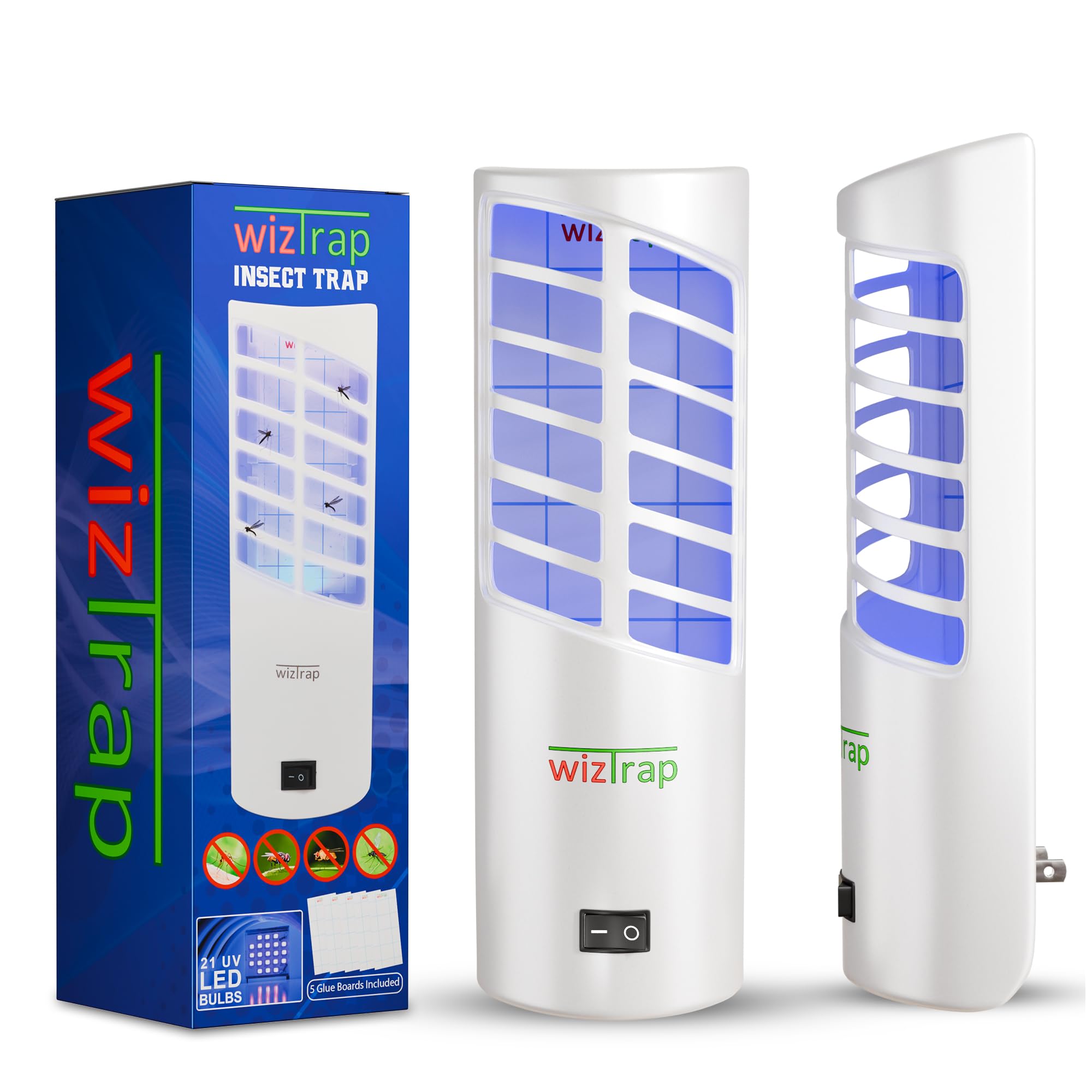 WizTrap 1 Large Plug in Fruit Fly Traps for Indoors! Flying Insect Trap with 21 UV LED Bulbs & 5 Glue Board Refills! Gnat Trap Used as a Fruit Fly Killer, Indoor Fly Trap, Mosquito Trap, Gnat Killer!