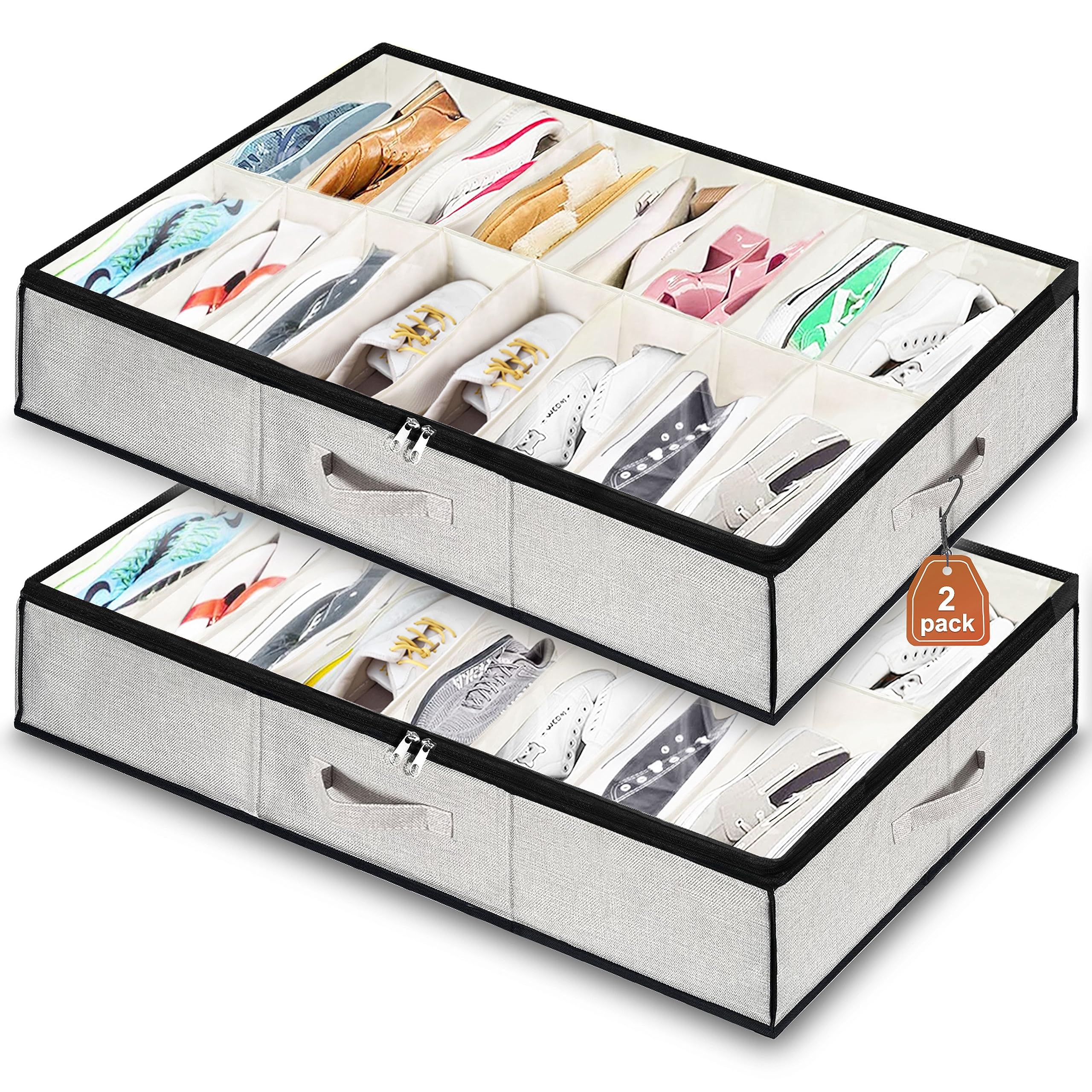 Shoe Storage Organizer Under Bed, 2 Pack Fits 32 Pairs, Extra Large Shoe Container, Breathable Fabric Underbed Storage for Sneakers, Slippers, Closet, Grey