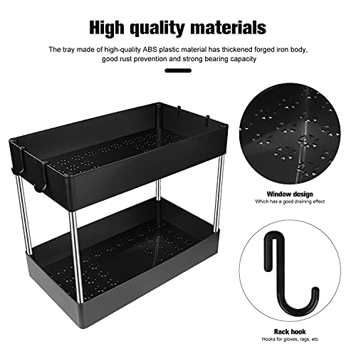LGHIESO Under Sink Organizer and Storage, Under Bathroom Sink Shelf Organizer Rack, Under Bath Sink Collection Baskets with Hooks, Ideal for Room, Office, Kitchen, Bathroom (Black, 2-Tier)