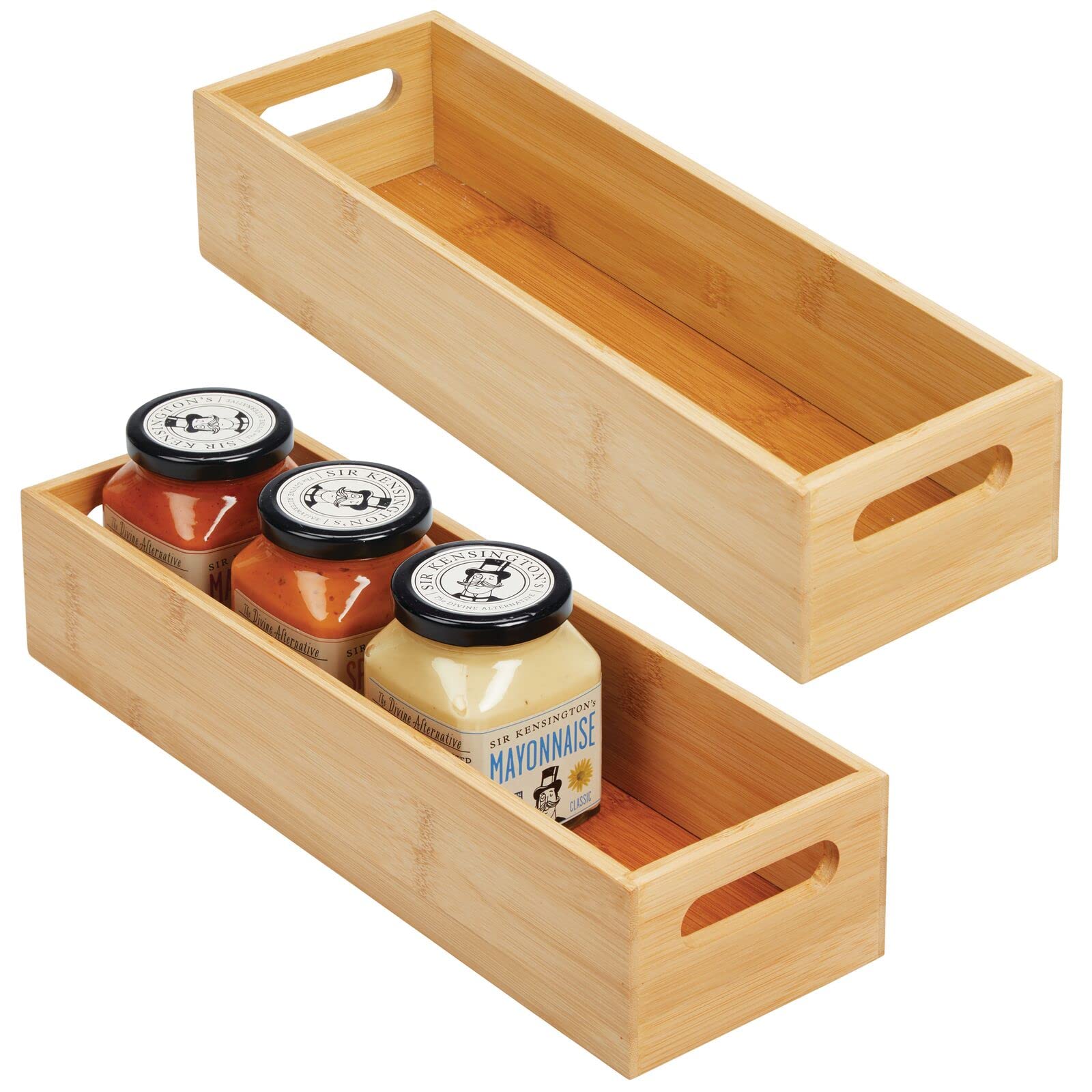 mDesign Slim Bamboo Kitchen Cabinet & Fridge Drawer Organizer Tray - Storage Bin for Cutlery, Serving Spoons, Cooking Utensils, Gadgets - 4.6" Wide, 2 Pack - Natural Wood Finish
