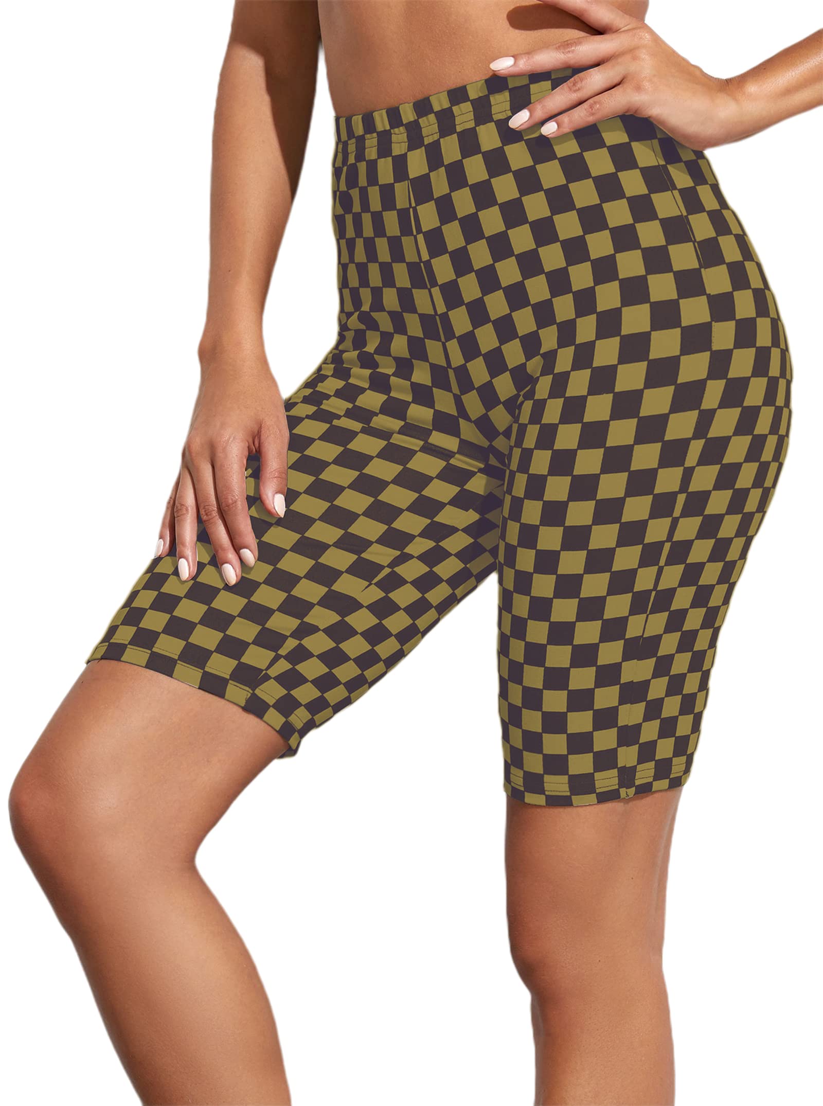 LilyCoco Womens Checkered Biker Shorts High Waist Gym Shorts Cycling Workout Yoga Short Tights Brown Checkered Medium