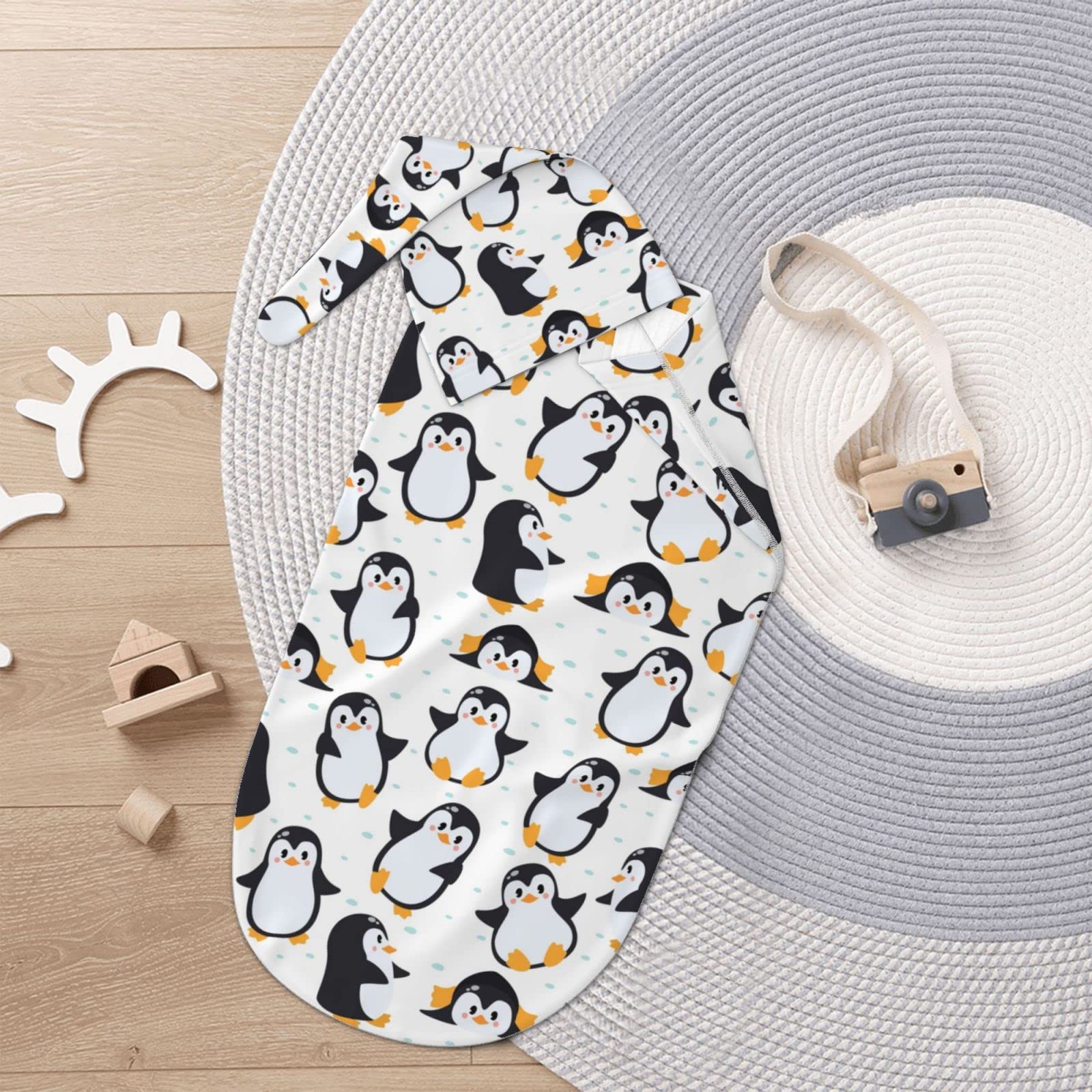 Qwalnely Swaddling Blanket for Baby, Sleeping Sacks, Unisex Baby Stuff with Hat, Penguin