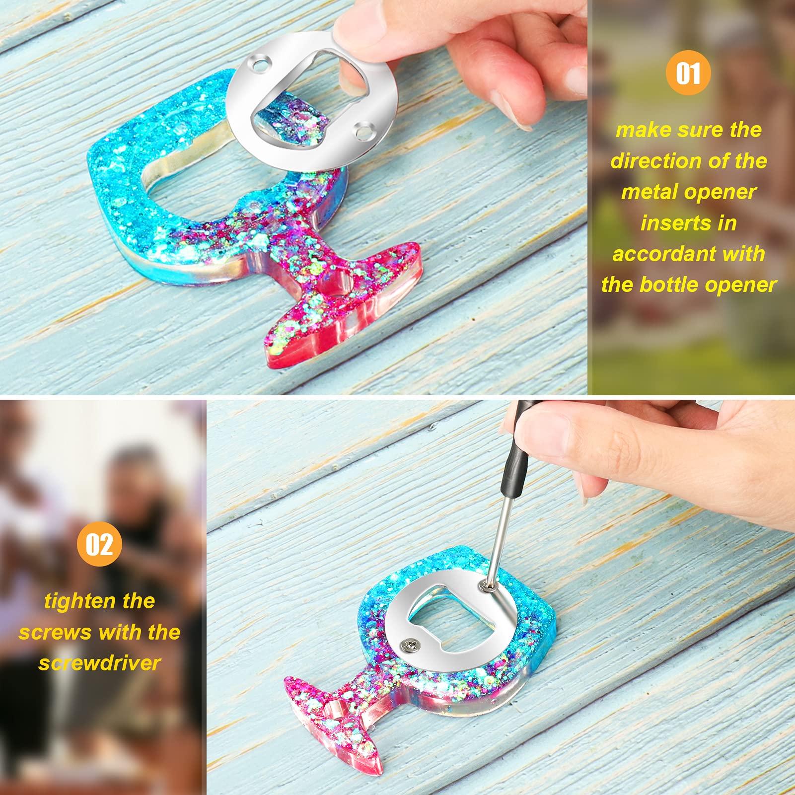Juome 10 Sets Bottle Opener Inserts Kit, Stainless Steel Metal Inserts DIY Beer Opener, Wrench/Spanner with Screws for Bottle Opener Resin Molds Kit