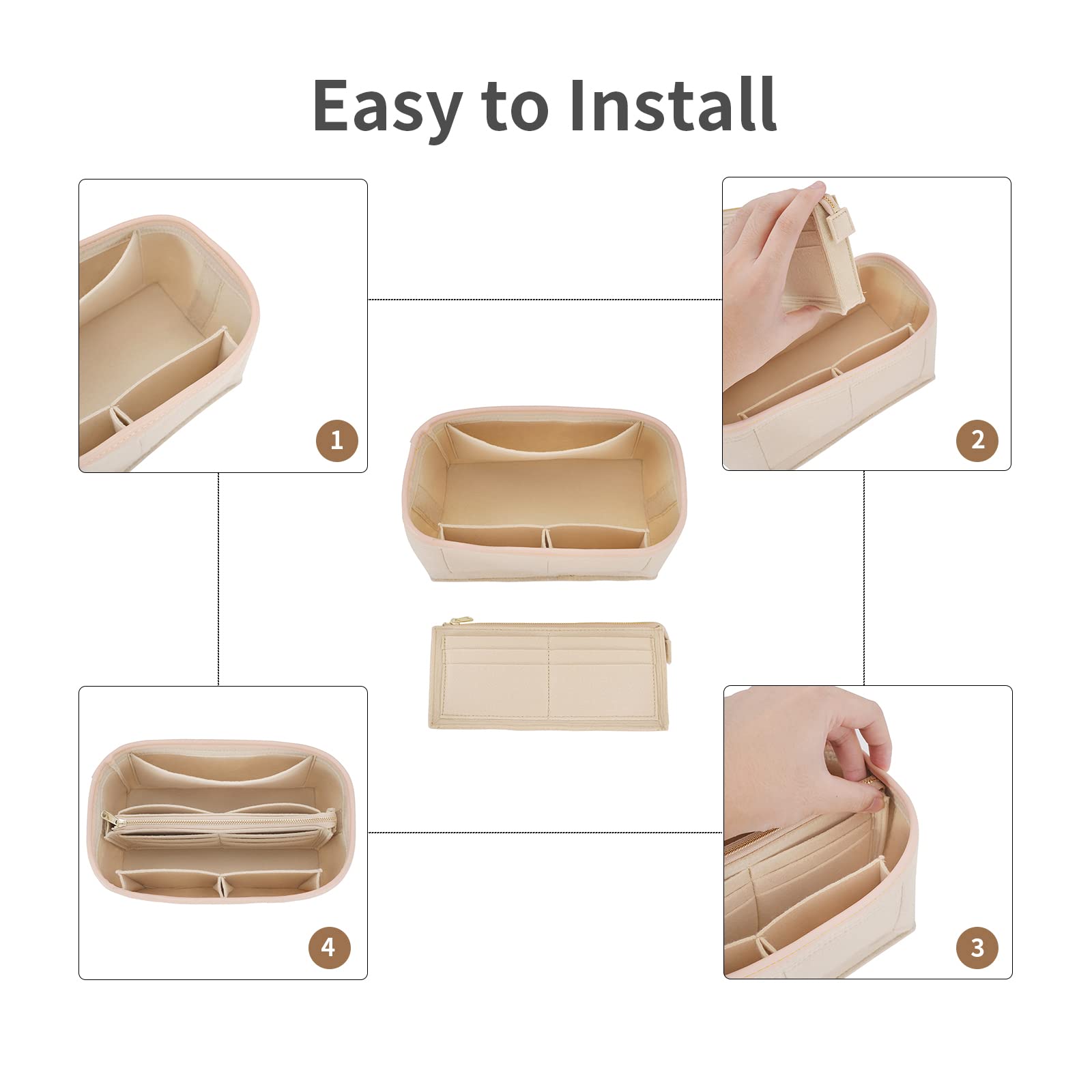 LOUKAYCCI Purse Organizer & Base Shaper Fit Speedy 25 & Neverfull PM, Goyards, MK,Longchamps More,Felt Bag Organizer Insert for Handbags with Metal Zipper [Bag in Bag] (Medium, Beige)