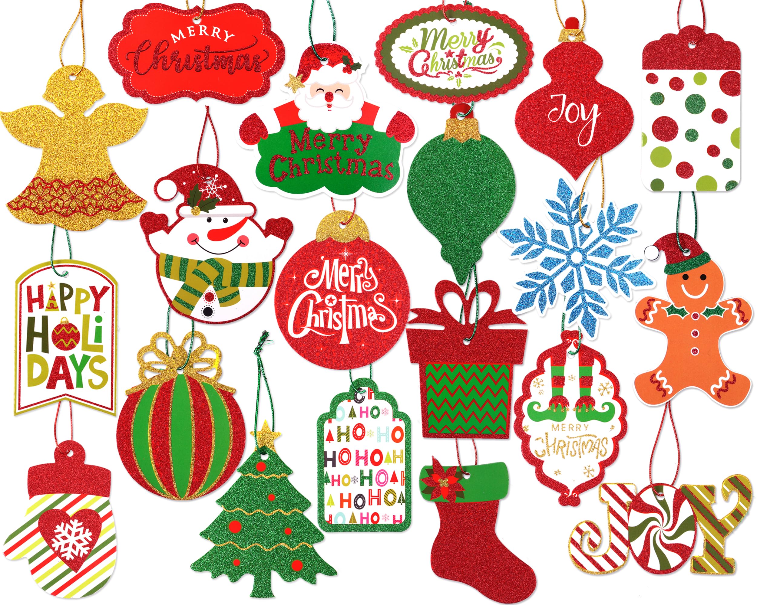 Giiffu 80 Pcs Christmas Tags, Christmas Santa Gift Tags Glitter Paper Gift Tags Holiday Hang Name Tags Label with String for DIY Xmas Present Party Decor(20 Assorted Designs)