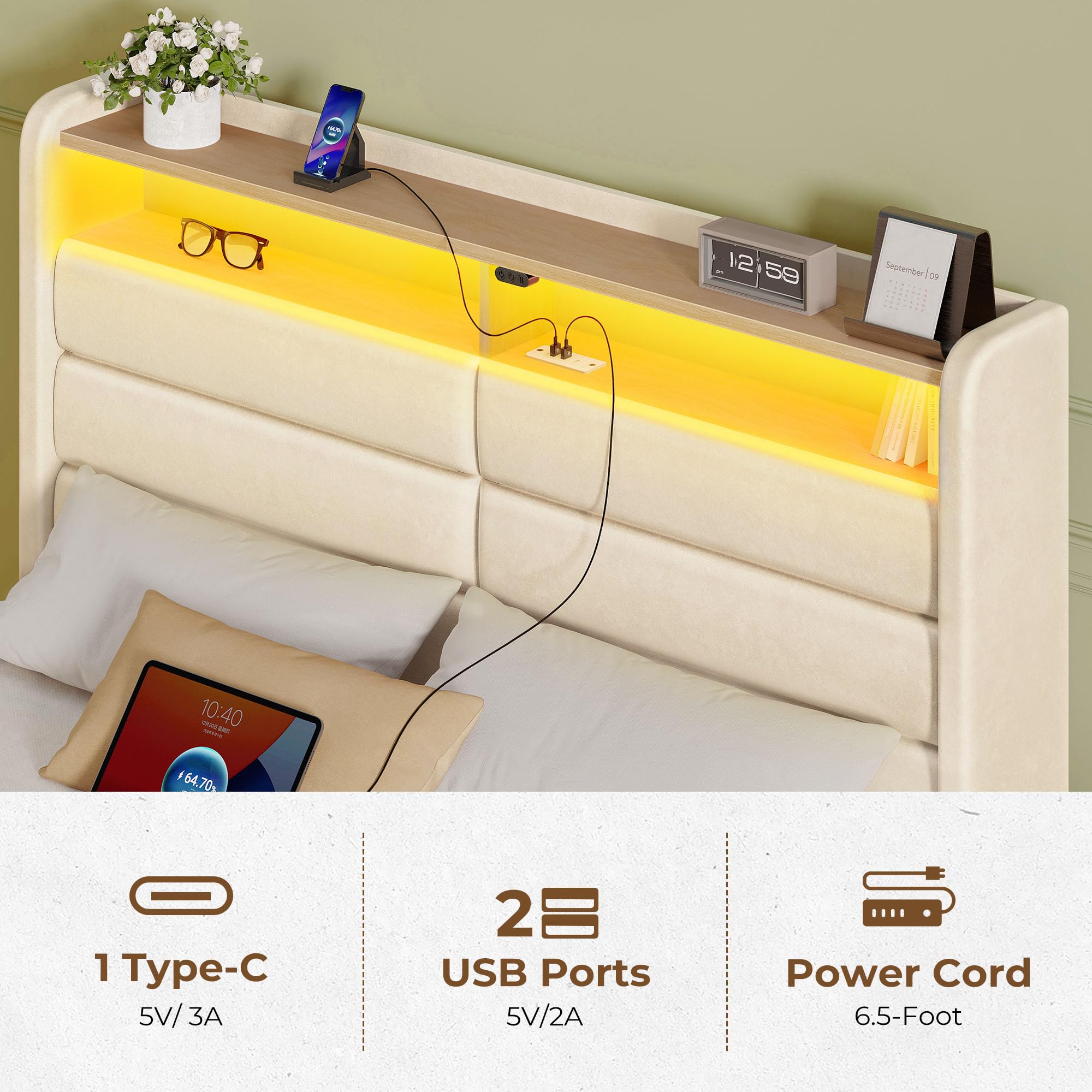 Seventable Full Size Bed Frame with 4 Storage Drawers & Charging Station, Upholstered Platform Bed with Storage Headboard and LED Light, No Box Spring Needed, Noise Free, Easy Assembly, Cream White